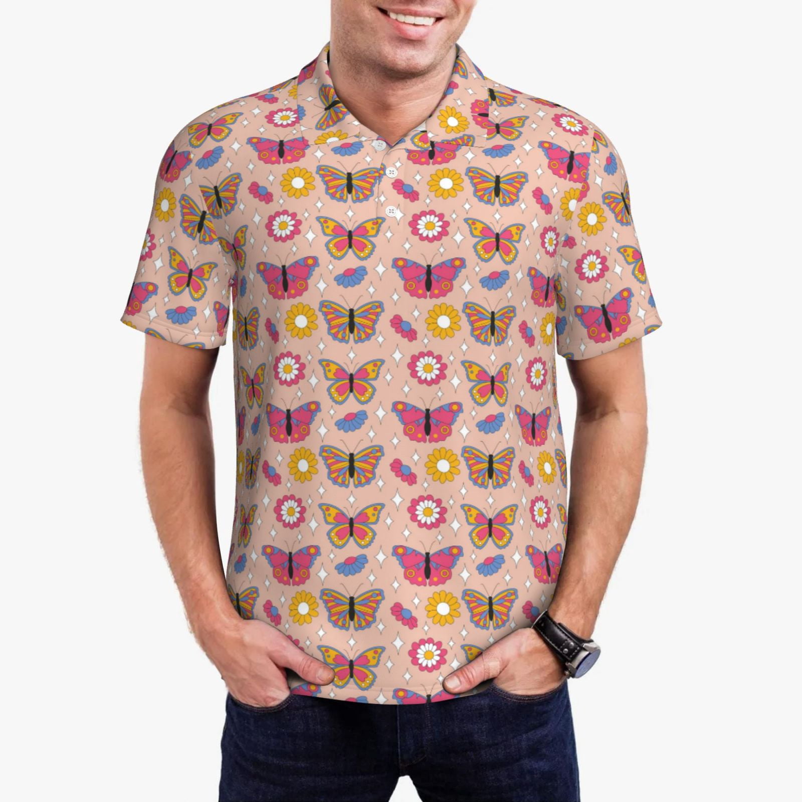 Polo Shirts for Men colorful Butterfly Daisy Casual Mens Short Sleeve ...