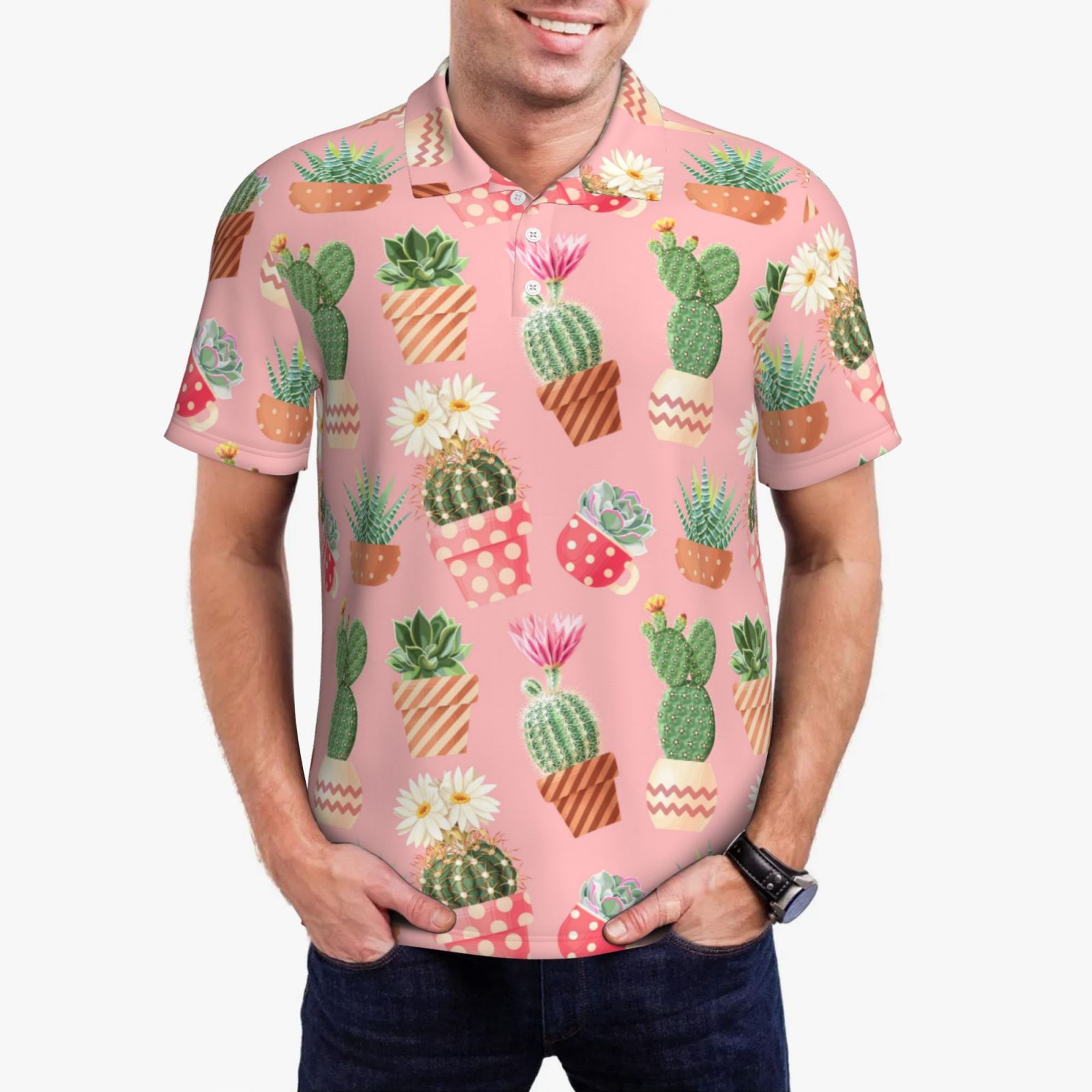 Polo Shirts for Men - colorful Cactus potted plant Mens Polo Shirts ...
