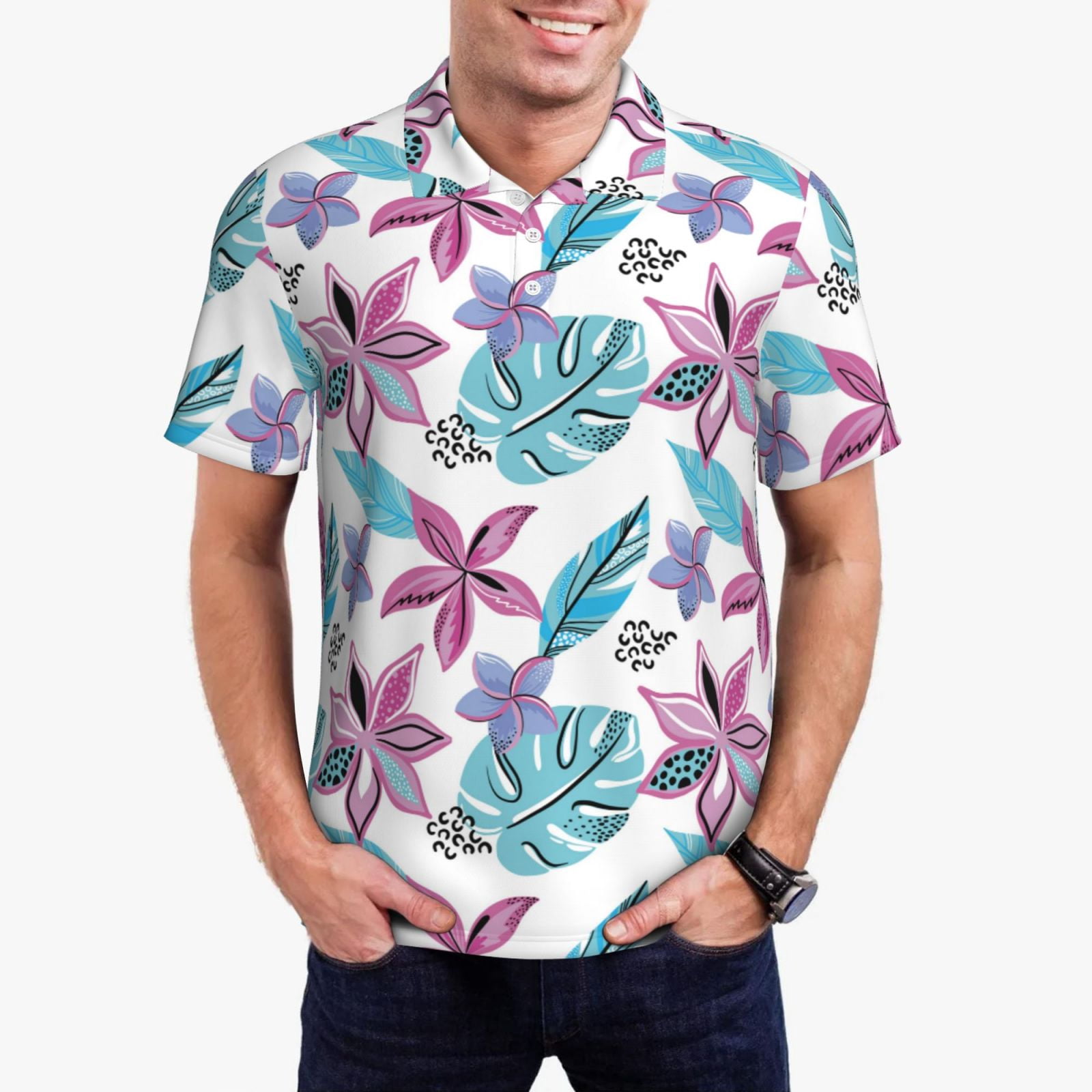 Polo Shirts for Men, colorful leaf flowers Cuteness Casual Mens Polo ...