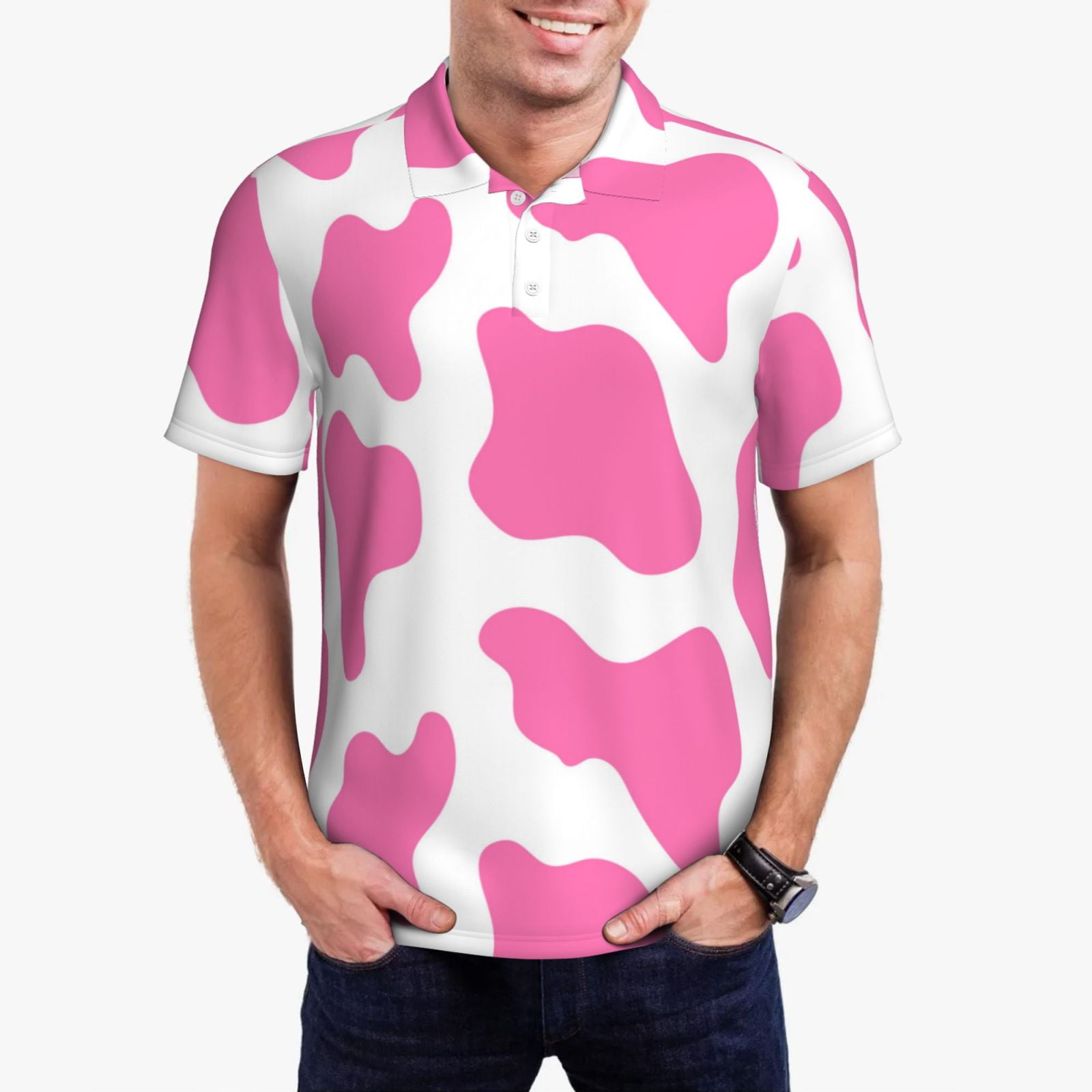 Polo Shirts for Men cow pink print 90s 00s style Casual Mens Short ...