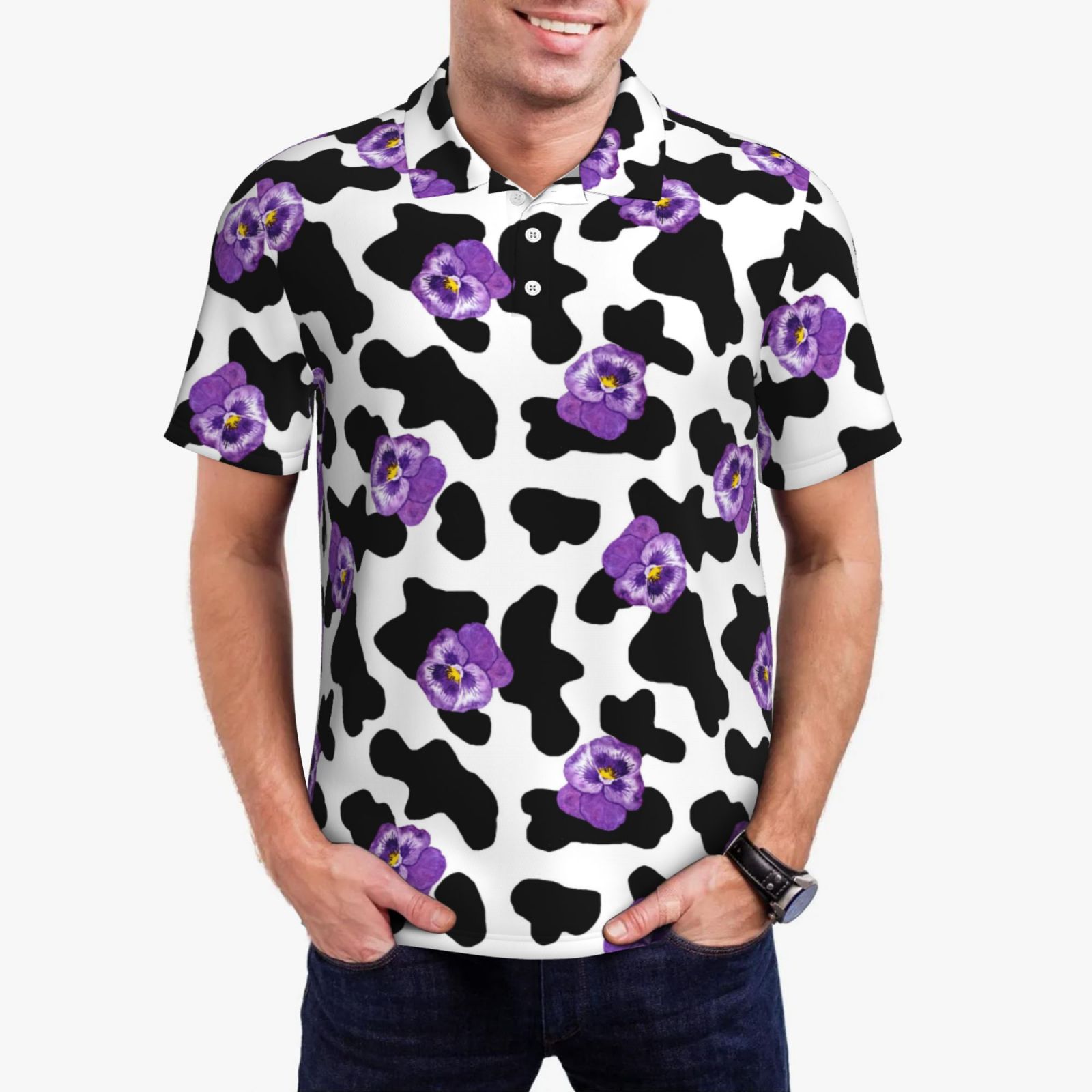 Polo Shirts for Men - cow print purple violet flower Mens Polo Shirts ...