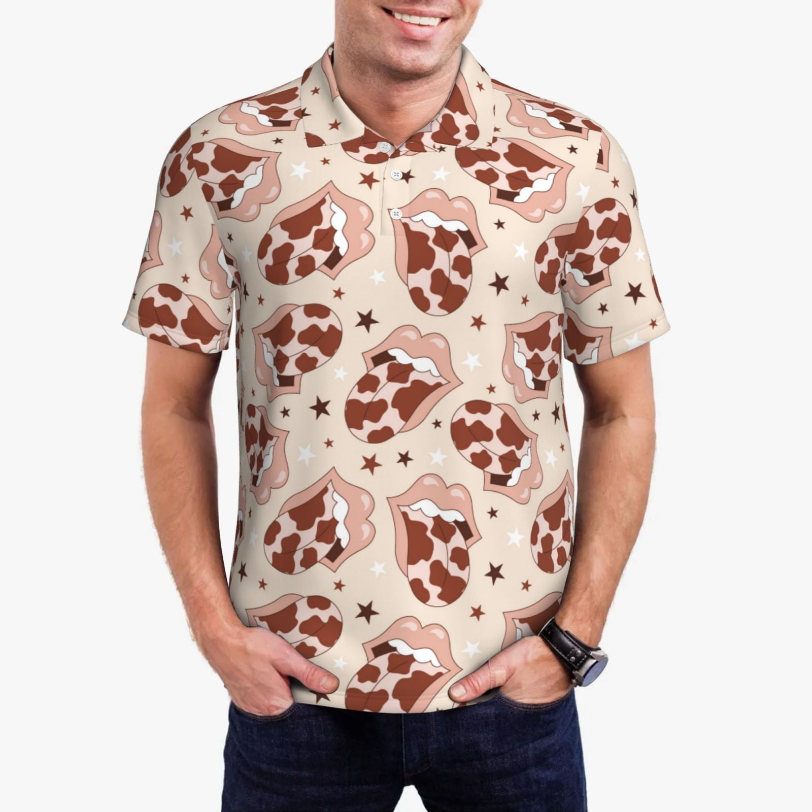 Polo Shirts for Men cowgirl lips cow spots print Casual Mens Short ...