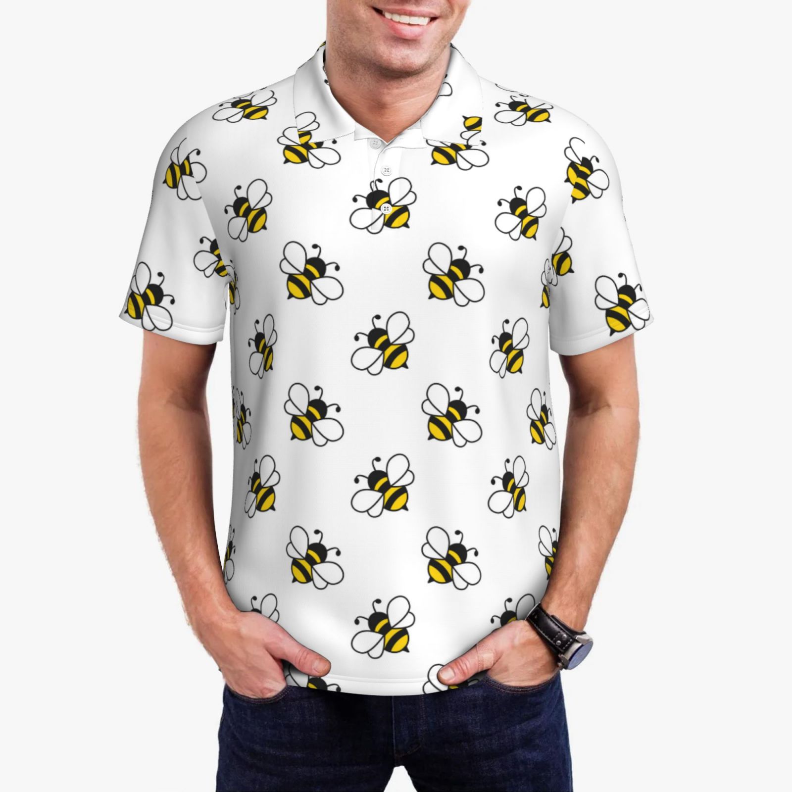 Polo Shirts for Men - cute bees cartoon white Classic Mens Polo Shirts ...