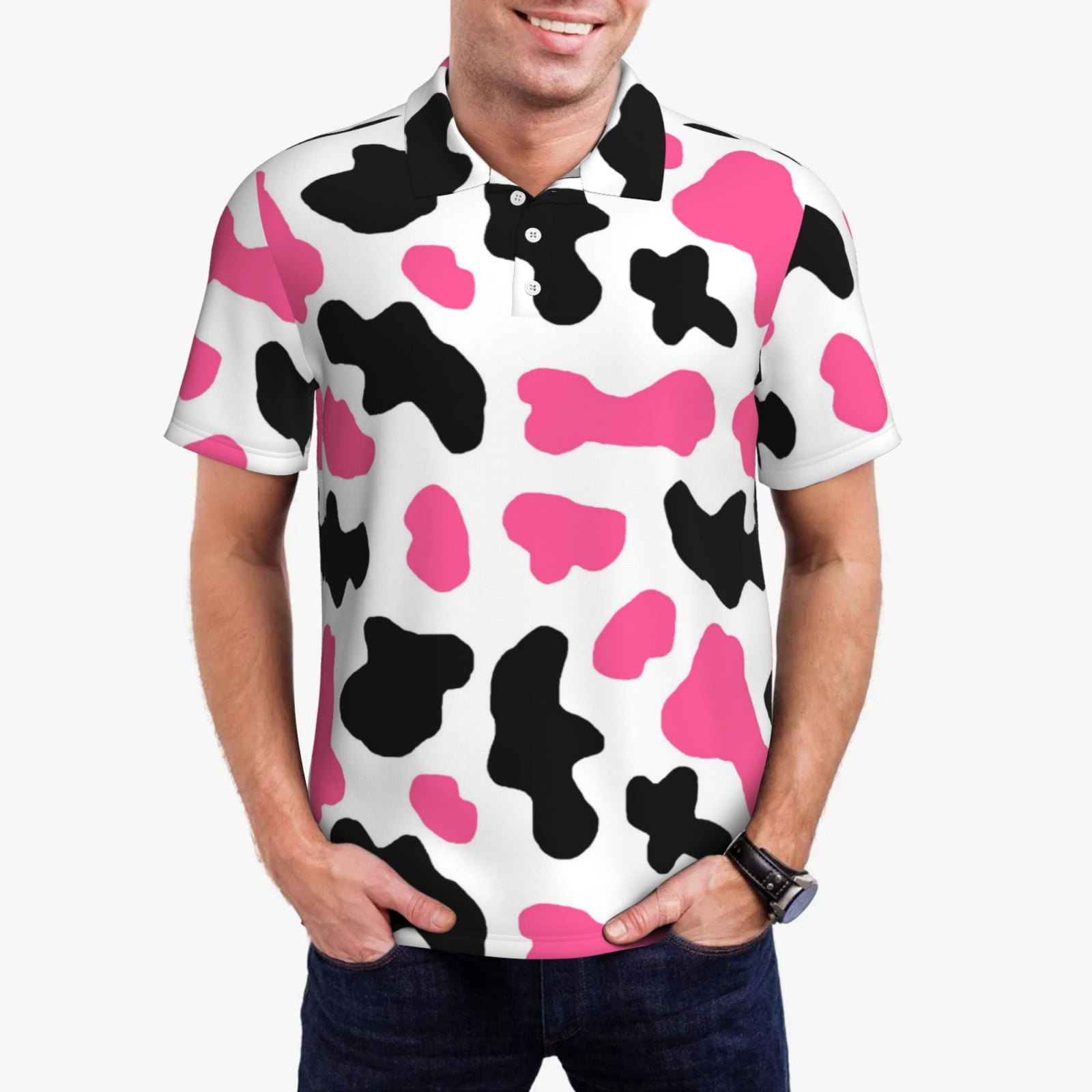 Polo Shirts for Men cute black pink cow print Casual Mens Short Sleeve ...