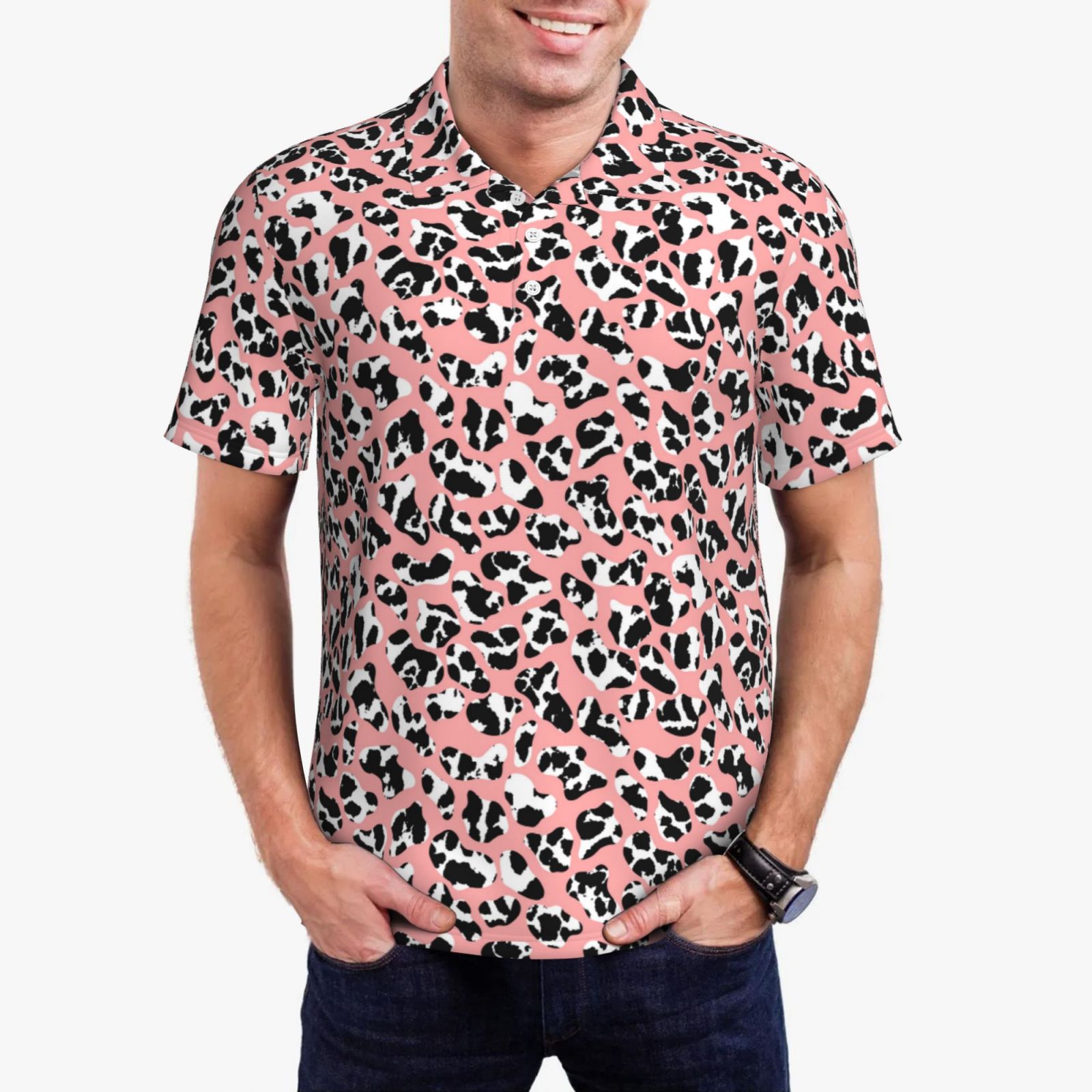 Polo Shirts for Men - cute cow Leopard print pink Classic Mens Polo ...