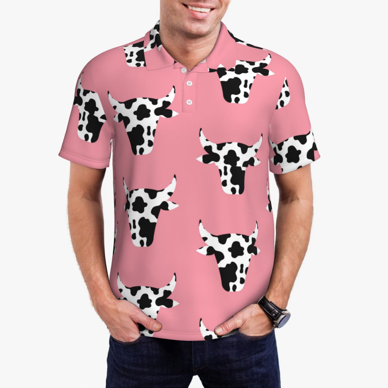 Polo Shirts for Men - cute cow head pink print Mens Polo Shirts Short ...