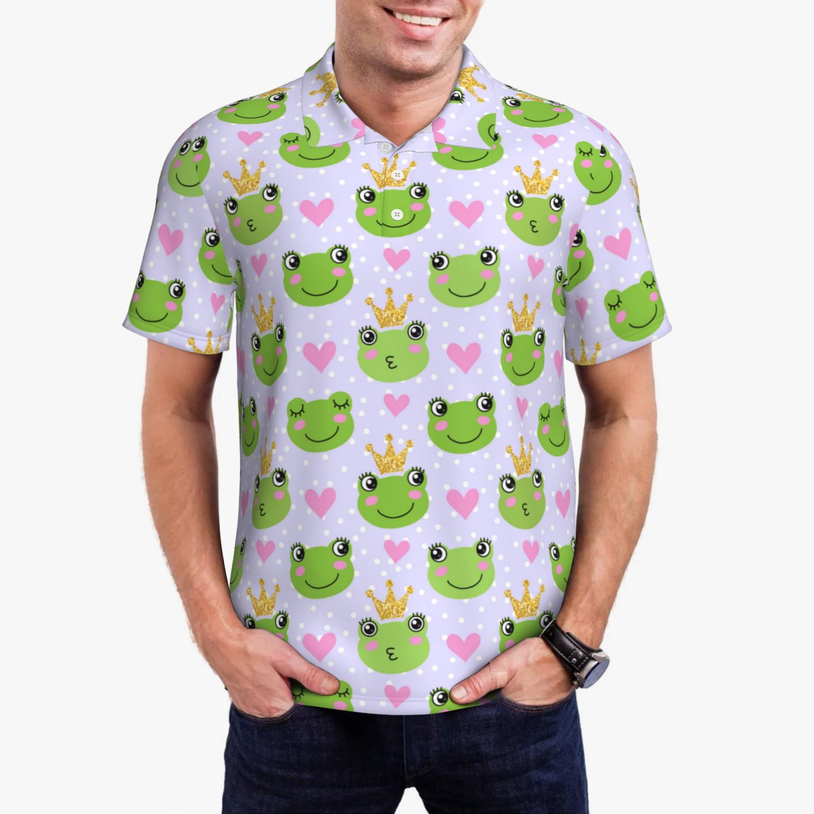 Polo Shirts for Men - cute frogs crowns heart purple Classic Mens Polo ...