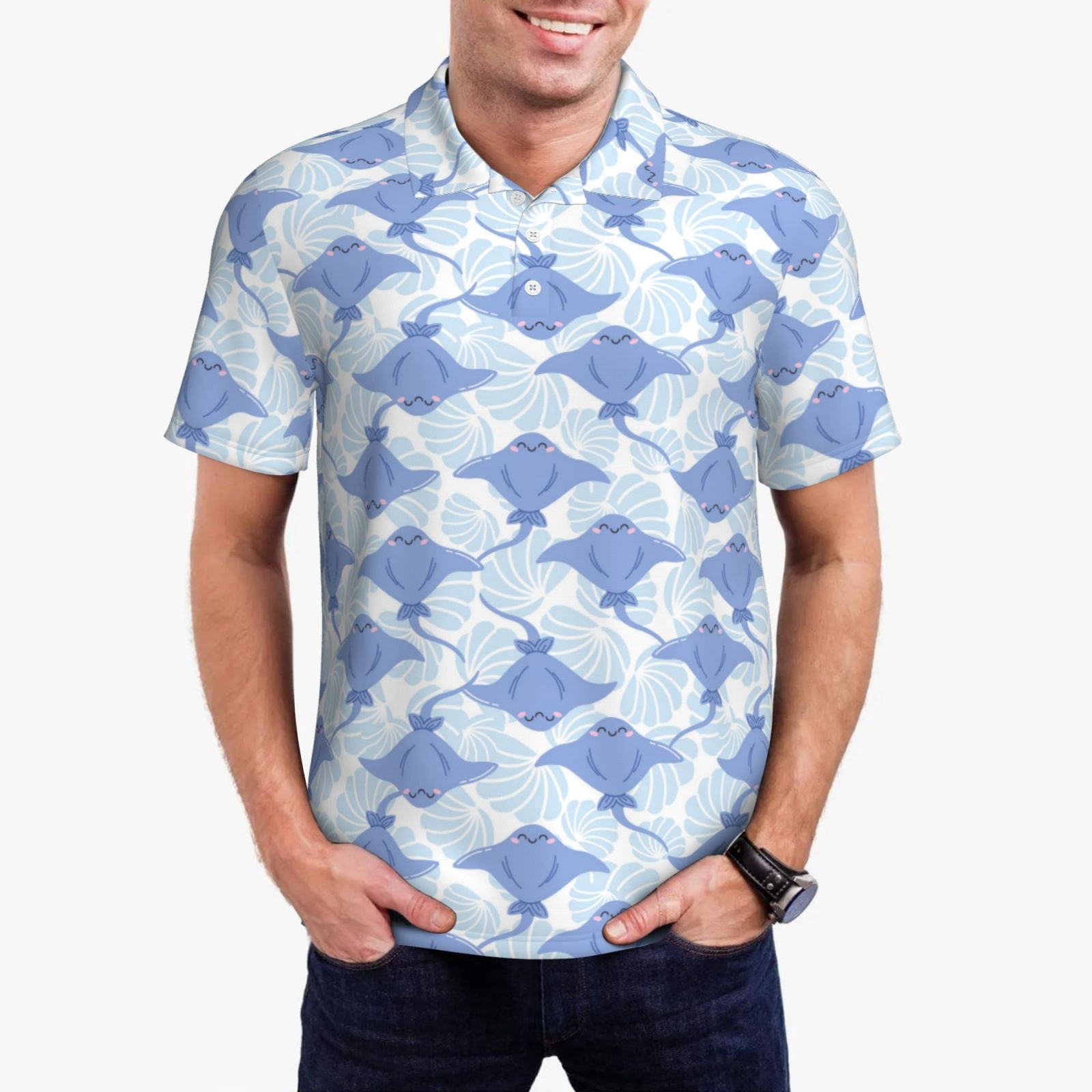 Polo Shirts for Men, cute stingray blue shells Soft Casual Mens Polo ...