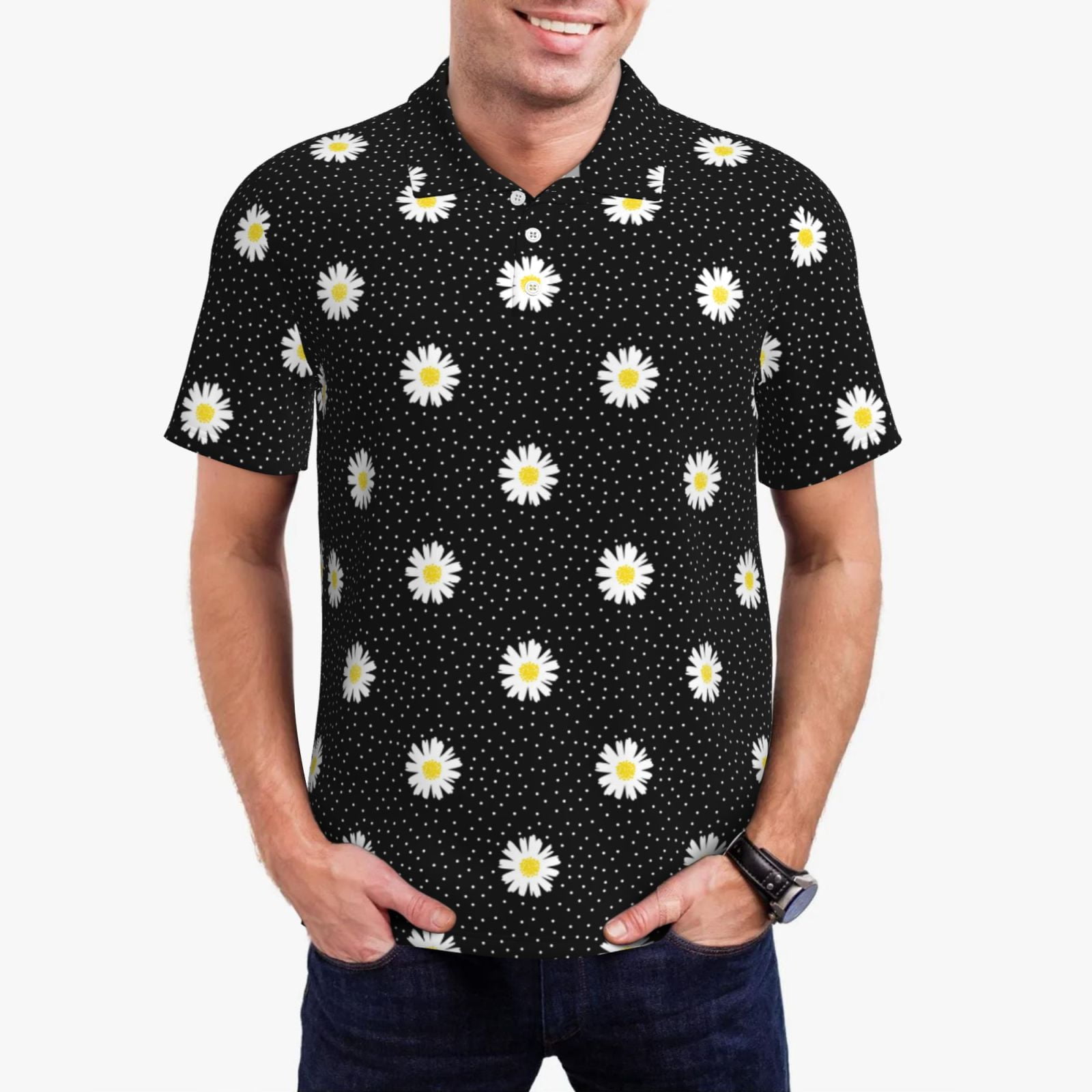 Polo Shirts for Men daisy polka dot dotted black Casual Mens Short ...