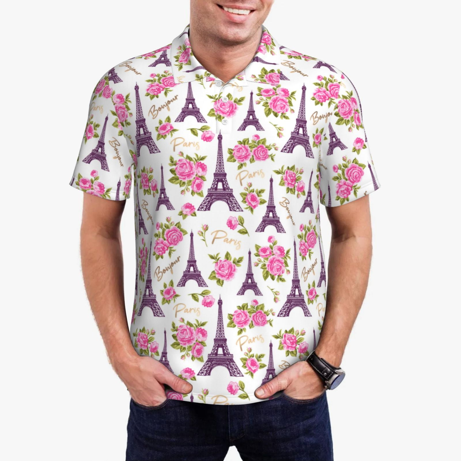 Polo Shirts for Men - flower Tower rose Mens Polo Shirts Short Sleeve ...