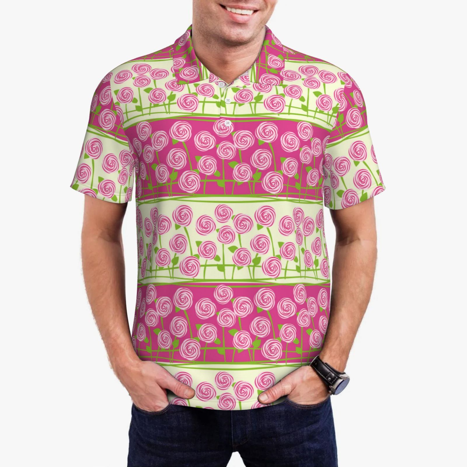 Polo Shirts for Men flowers Pink B Casual Mens Short Sleeve Polo Shirts ...