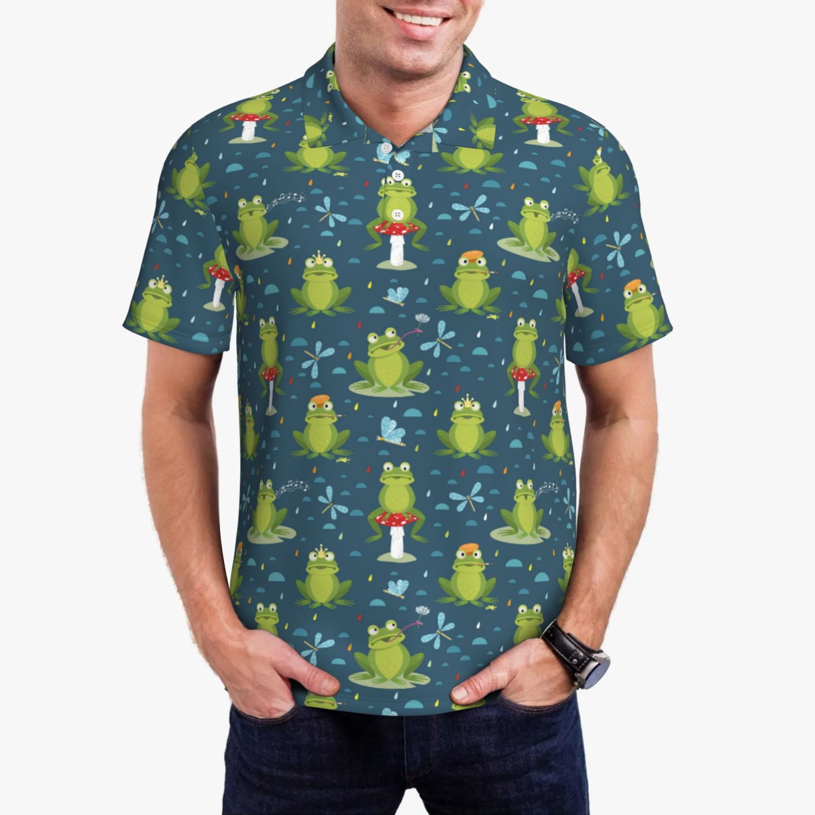 Polo Shirts for Men, funny frogs dragonfly Raining Cuteness Casual Mens ...