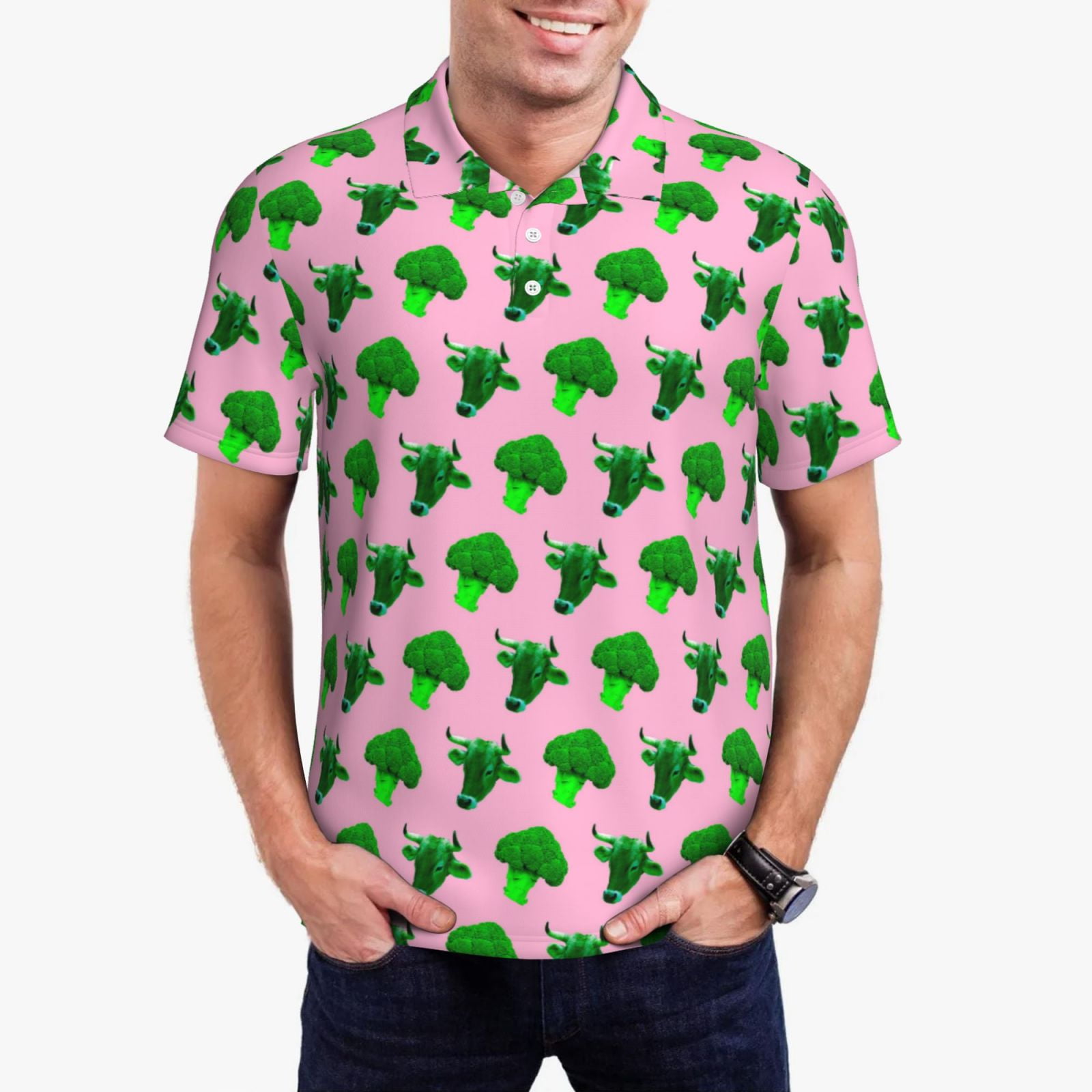 Polo Shirts for Men - funny green Broccoli Cow fashion Mens Polo Shirts ...