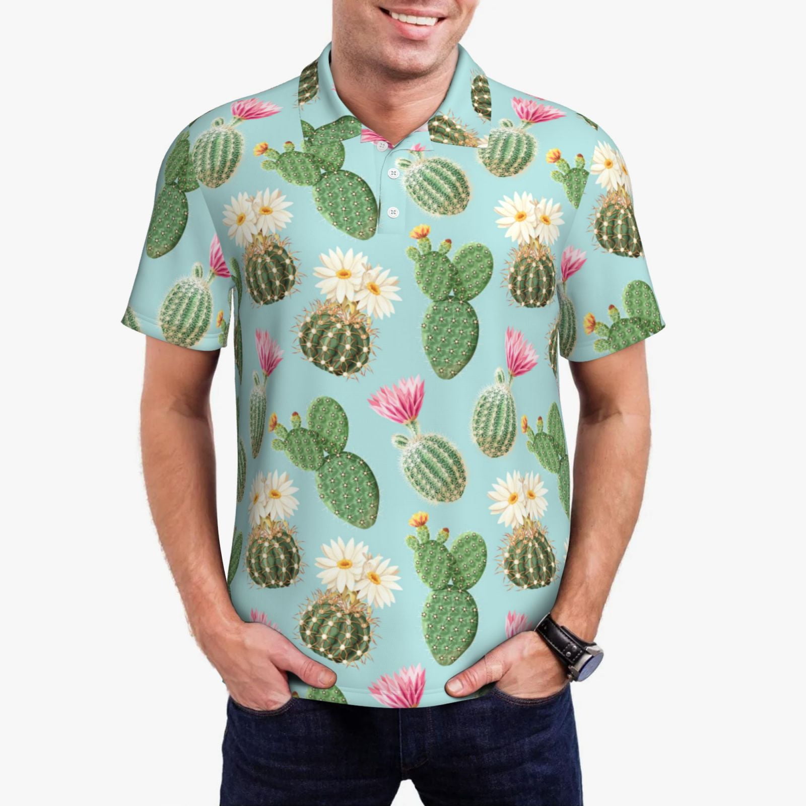 Polo Shirts for Men green Cactus Succulents Casual Mens Short Sleeve ...