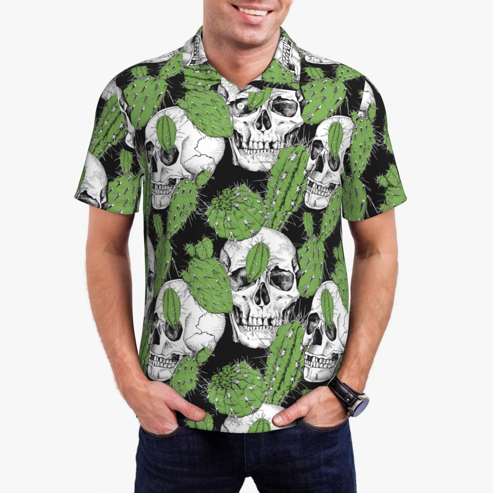 Polo Shirts for Men - green Cactus skull Mens Polo Shirts Short Sleeve ...