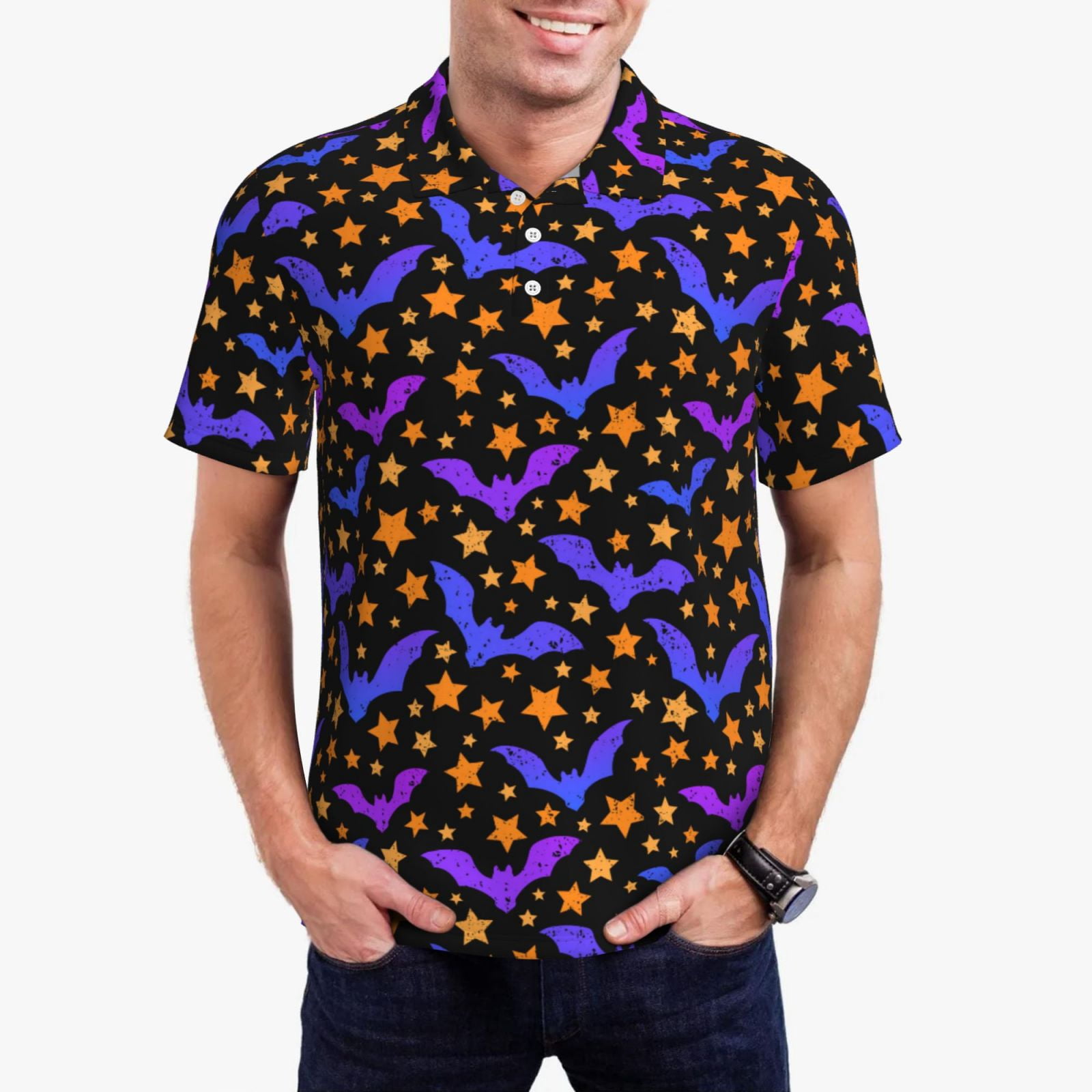 Polo Shirts for Men halloween bat star Casual Mens Short Sleeve Polo ...