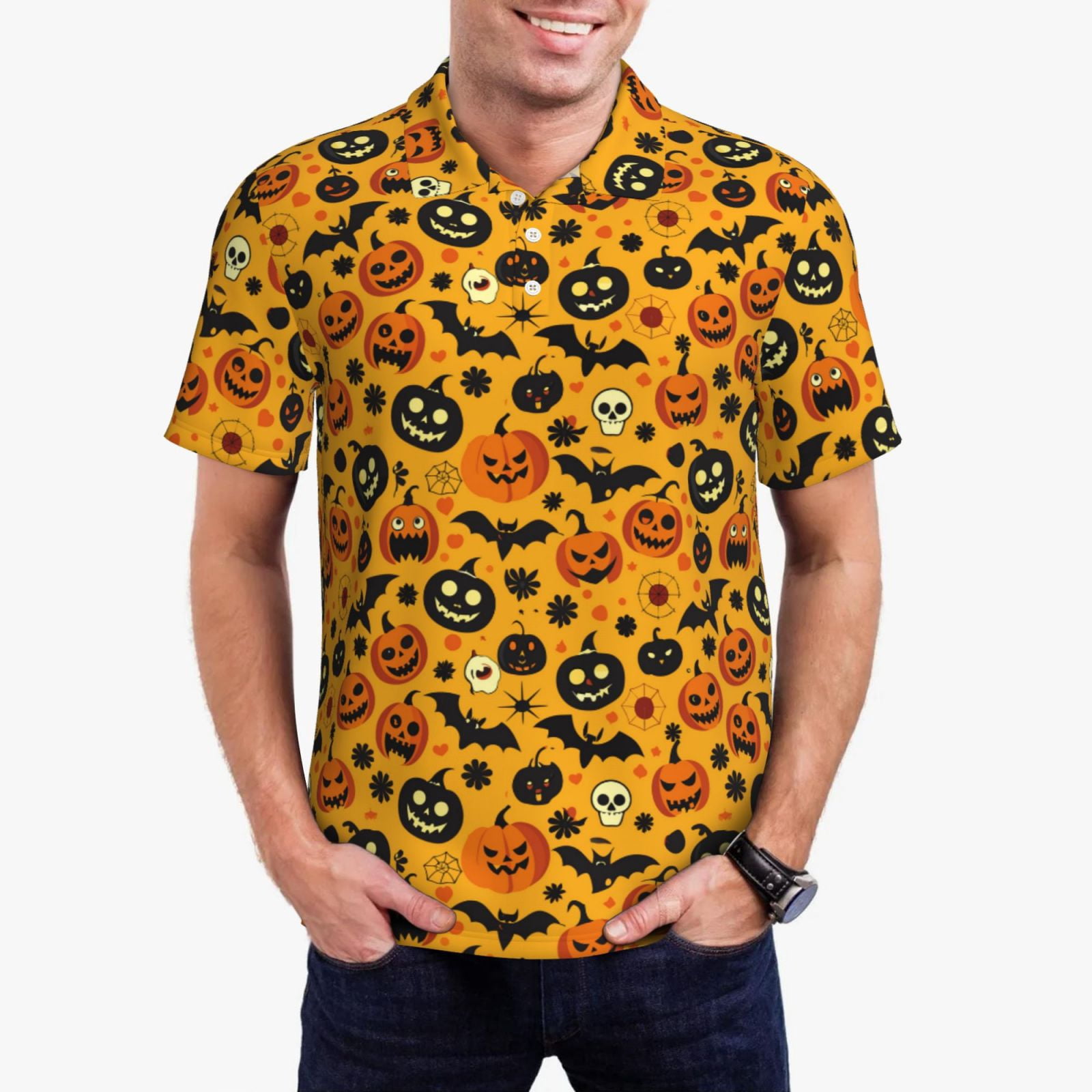 Polo Shirts for Men - halloween bats pumpkins print Classic Mens Polo ...