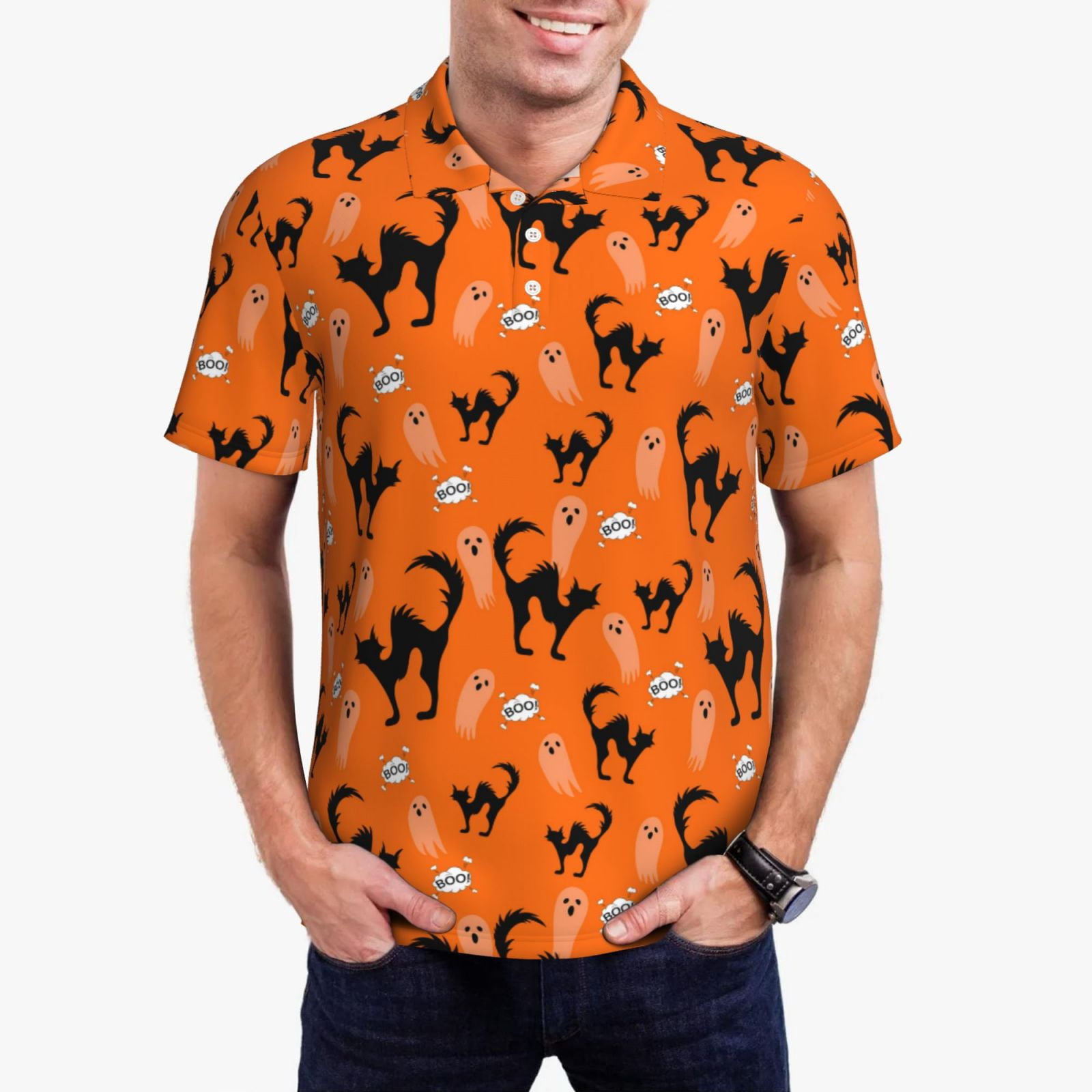 Polo Shirts for Men - halloween cat Patterns Mens Polo Shirts Short ...