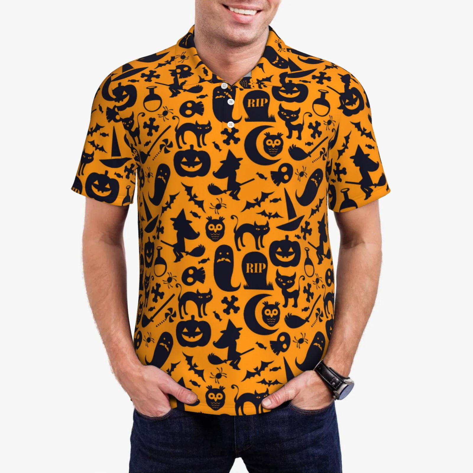 Polo Shirts for Men - halloween cat owls witch Classic Mens Polo Shirts ...