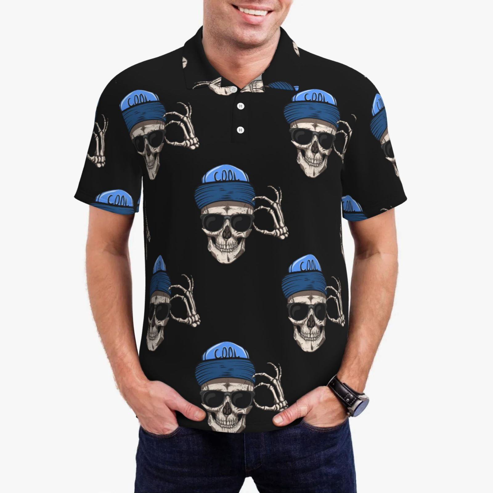 Polo Shirts for Men halloween cool skull Casual Mens Short Sleeve Polo ...