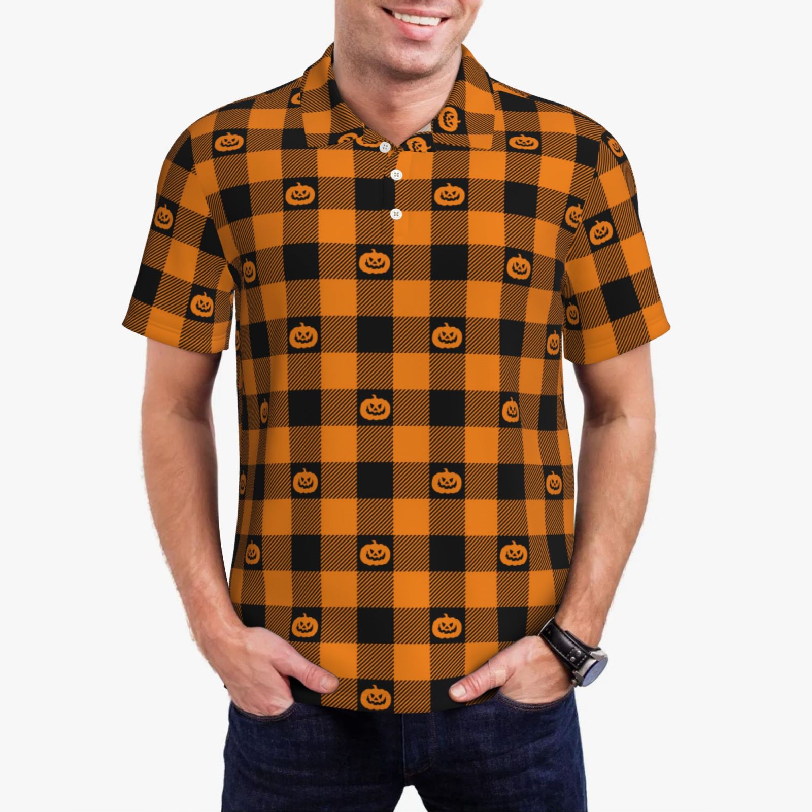 Polo Shirts for Men - halloween elements plaid pumpkins Mens Polo ...