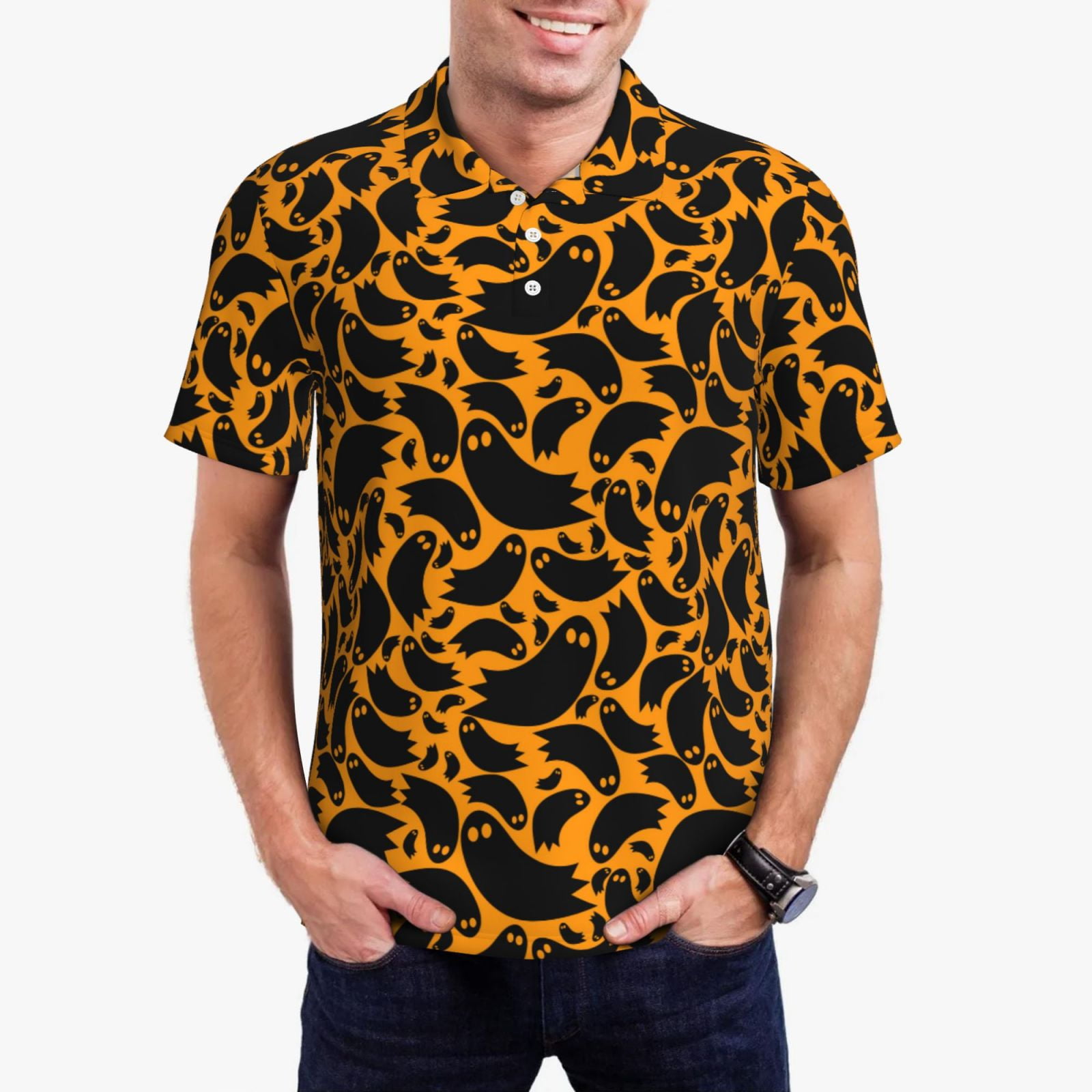 Polo Shirts for Men - halloween ghost Pattern Classic Mens Polo Shirts ...