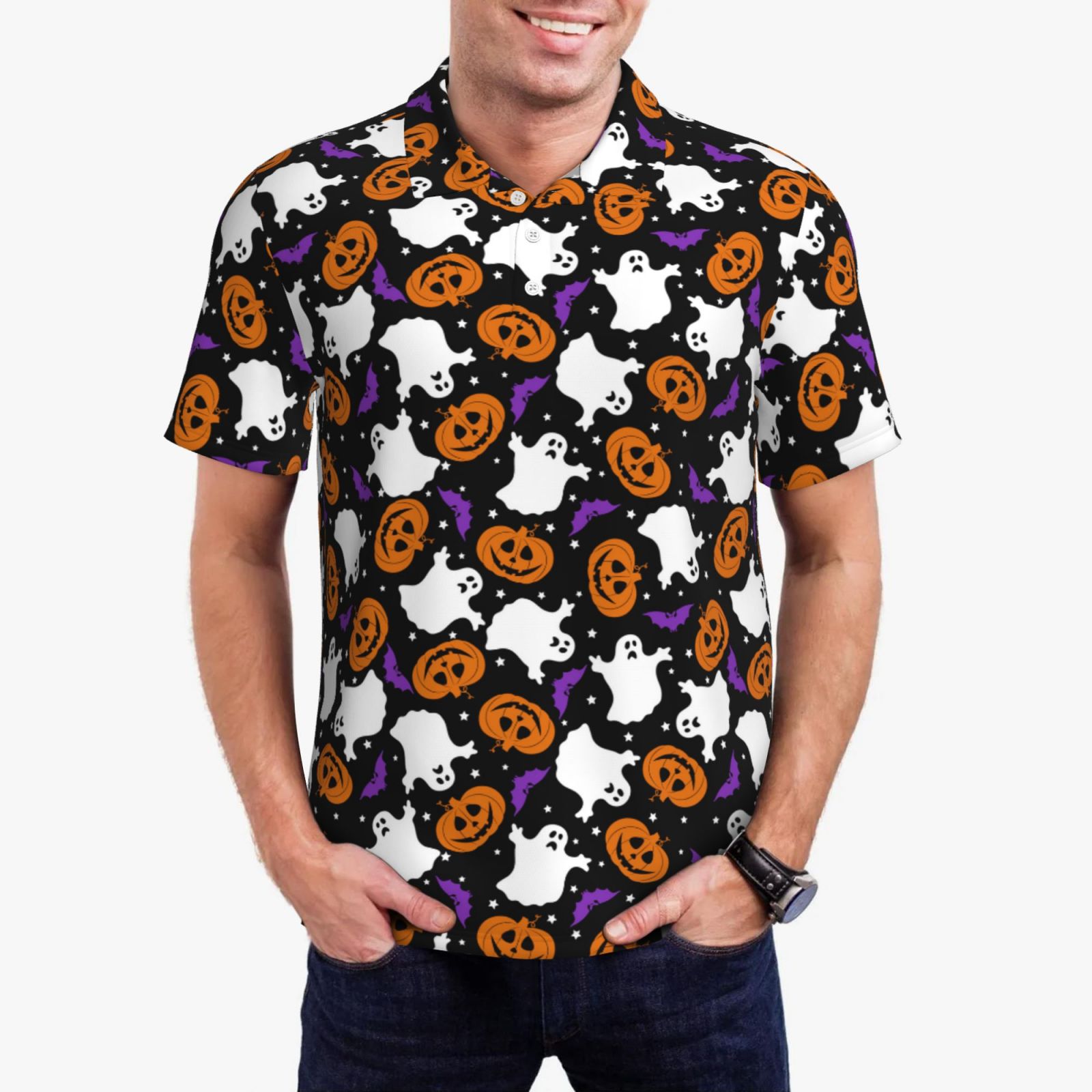 Polo Shirts for Men halloween ghosts pumpkins Casual Mens Short Sleeve ...