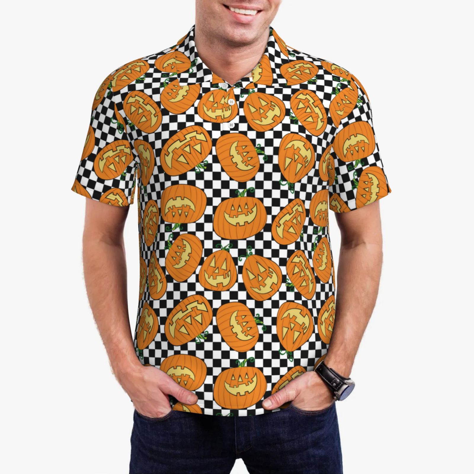 Polo Shirts for Men halloween pumpkins plaid Casual Mens Short Sleeve ...