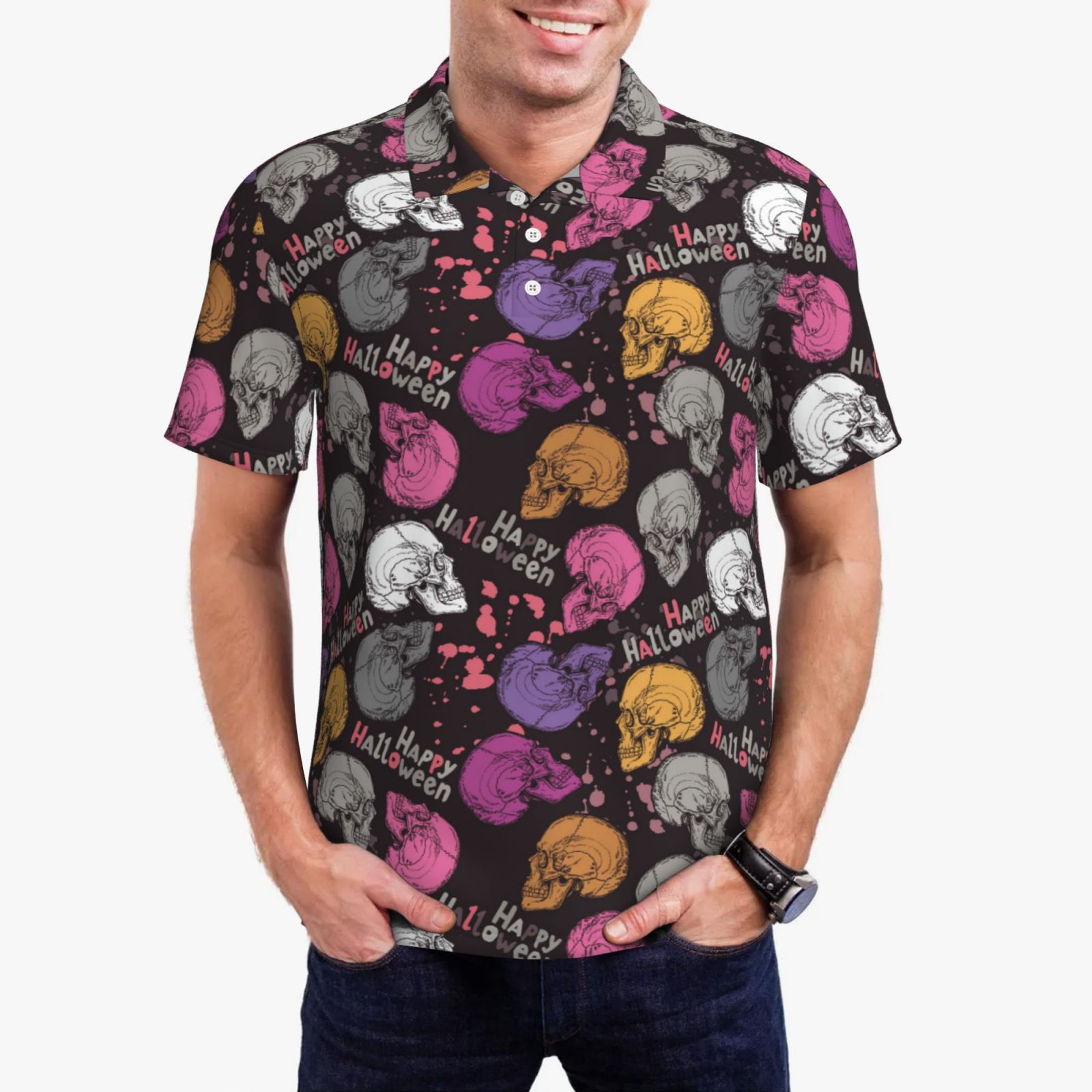 Polo Shirts for Men halloween skeleton Casual Mens Short Sleeve Polo ...