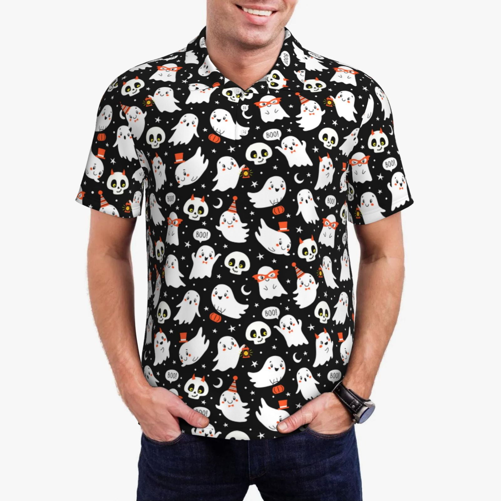 Polo Shirts for Men - halloween white ghost Classic Mens Polo Shirts ...