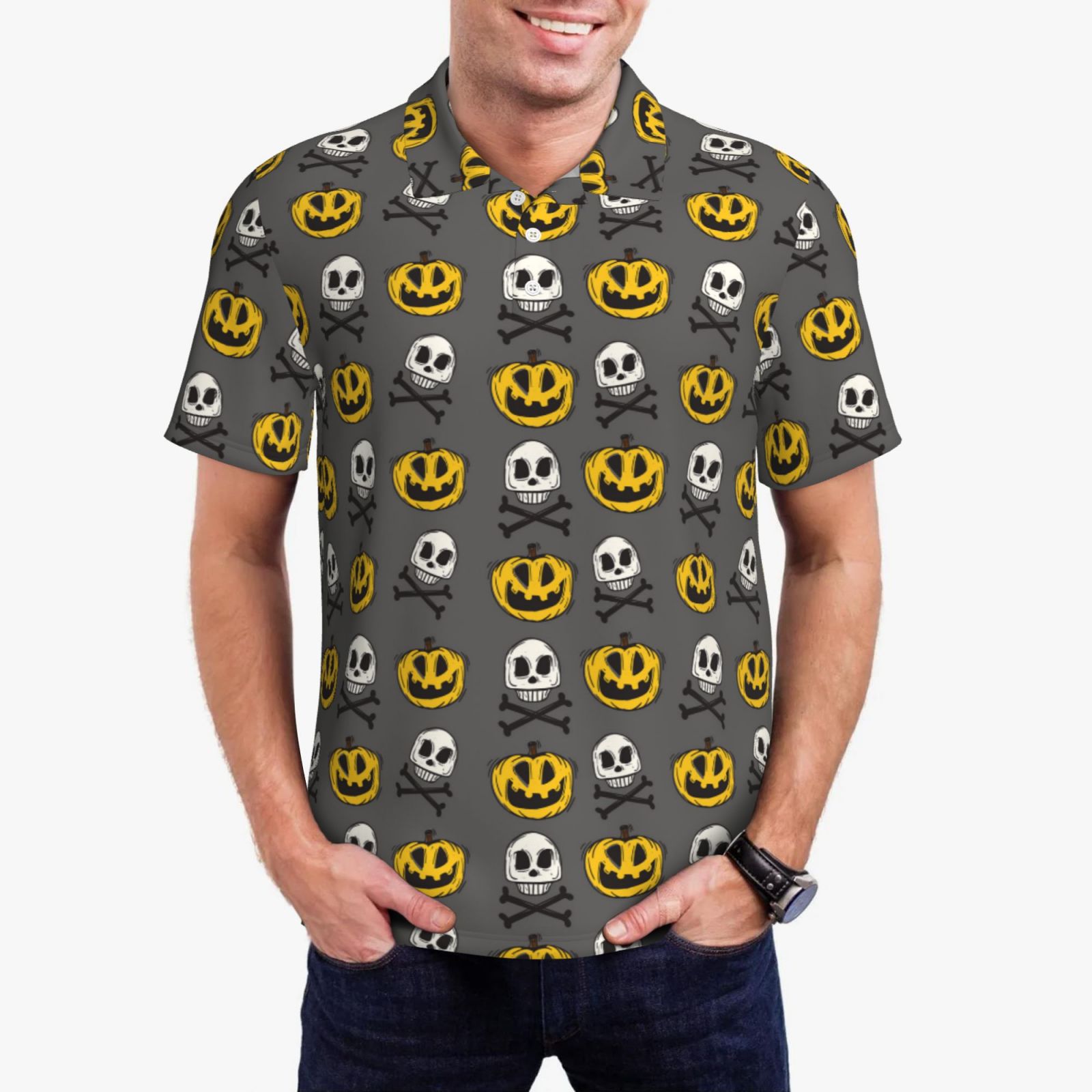 Polo Shirts for Men - happy halloween pumpkins skull Classic Mens Polo ...