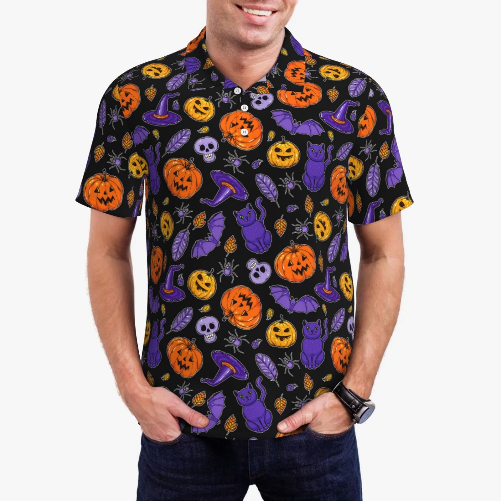 Polo Shirts for Men - hat bat halloween pumpkins Classic Mens Polo ...