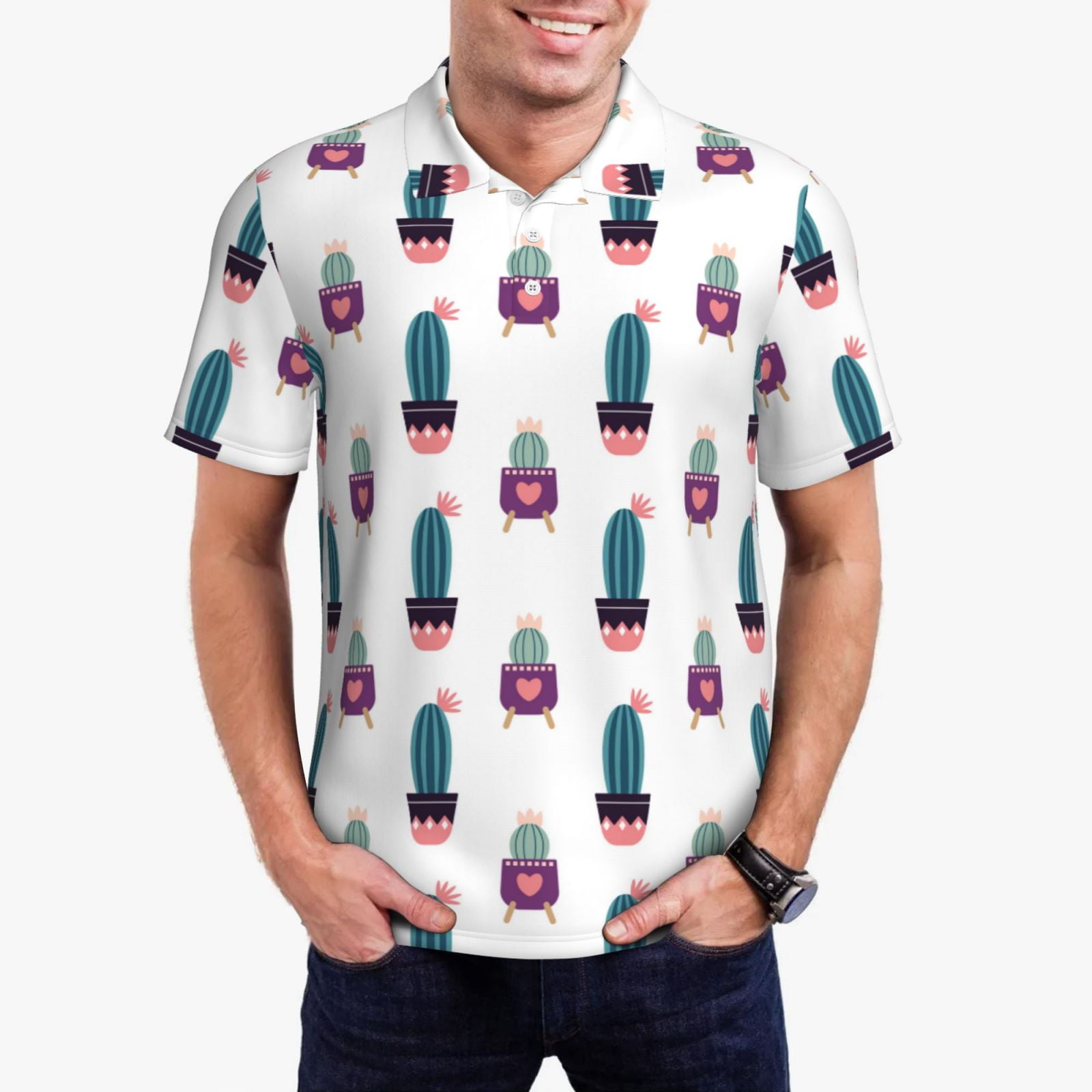 Polo Shirts for Men - heart Cactus potted plant Mens Polo Shirts Short ...