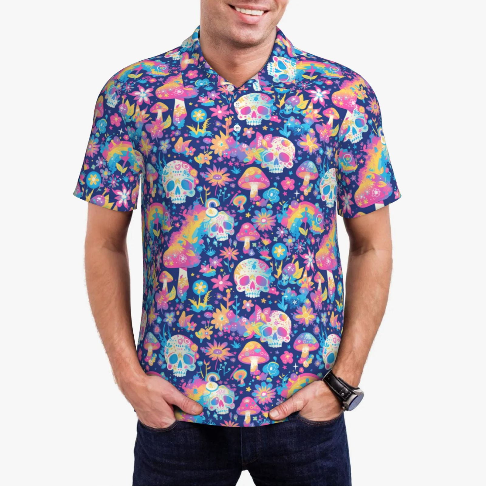 Polo Shirts for Men, mushroom Skull rainbow color Cuteness Casual Mens ...