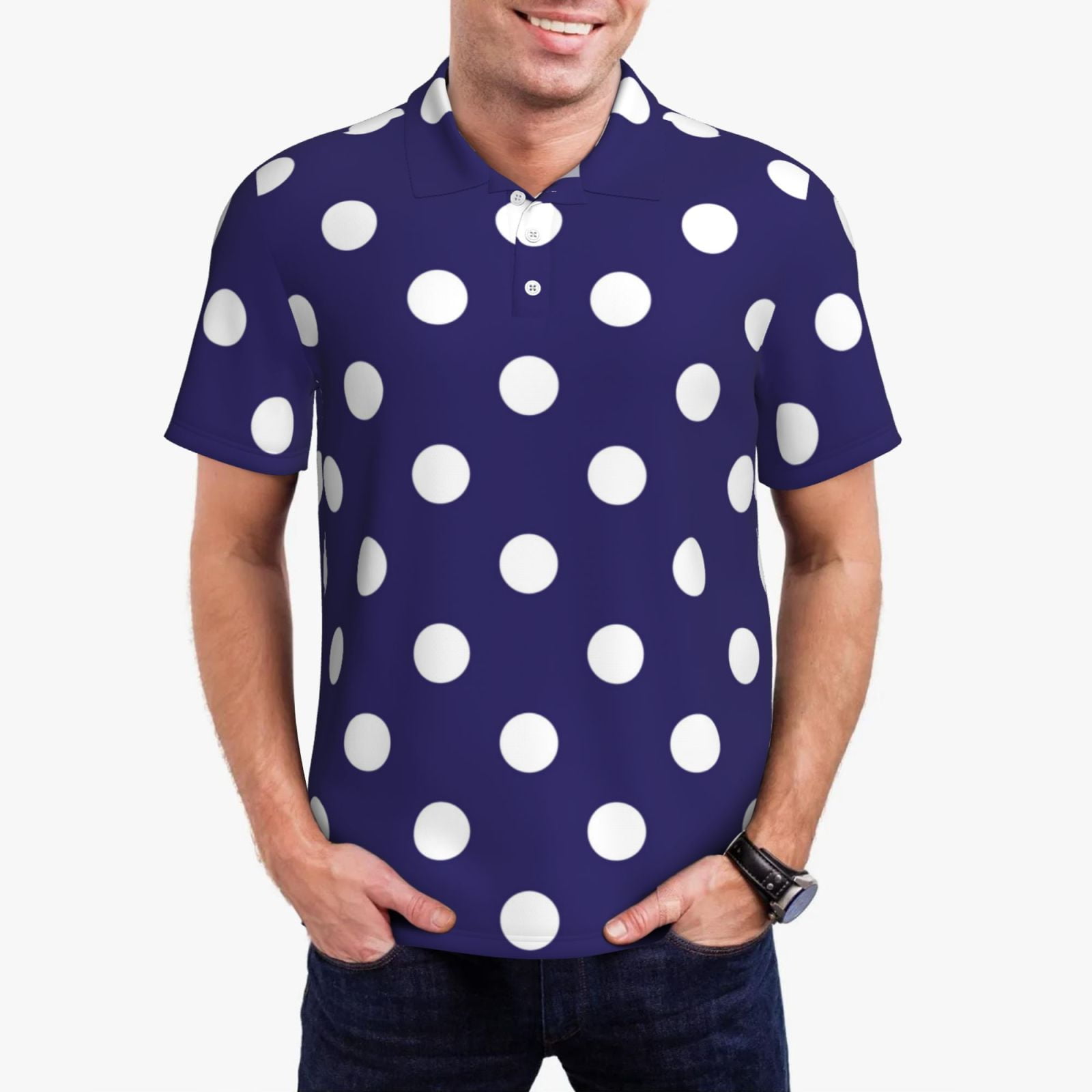 Polo Shirts for Men - navy blue polka dots Classic Mens Polo Shirts Casual Short Sleeve Button ...