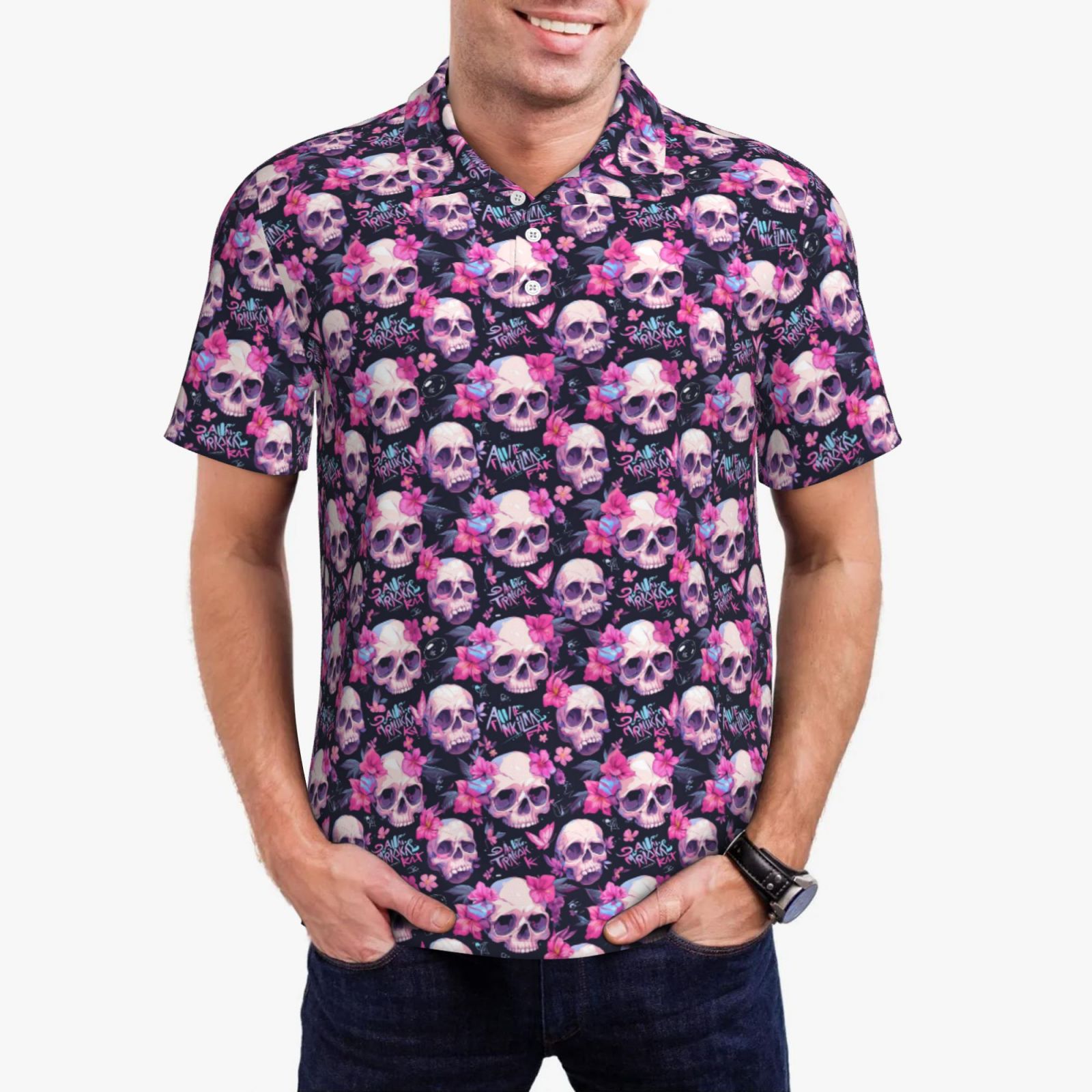 Polo Shirts for Men, pink Skull flower Cuteness Casual Mens Polo Shirts ...