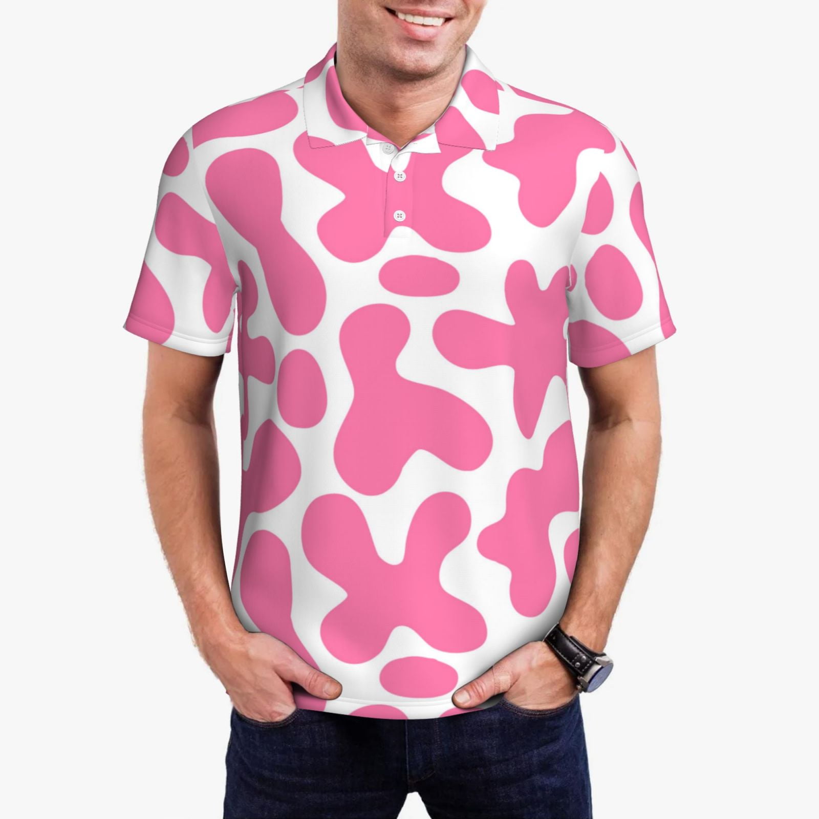 Polo Shirts for Men - pink cow print cute Mens Polo Shirts Short Sleeve ...