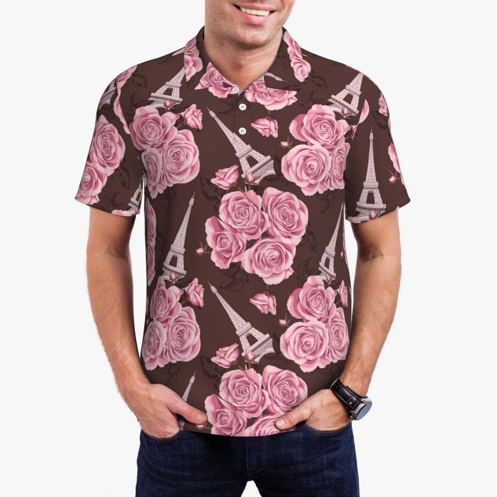 Polo Shirts for Men pink flower Tower Casual Mens Short Sleeve Polo ...