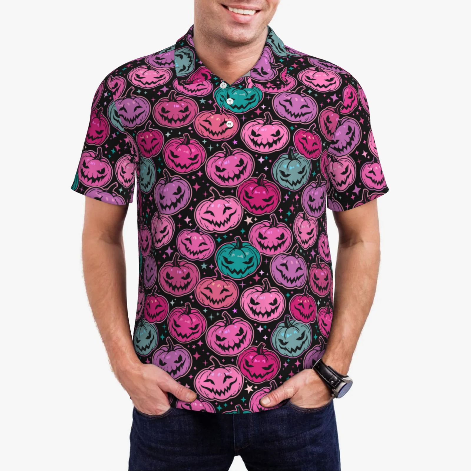 Polo Shirts for Men - pink halloween pumpkin Classic Mens Polo Shirts ...