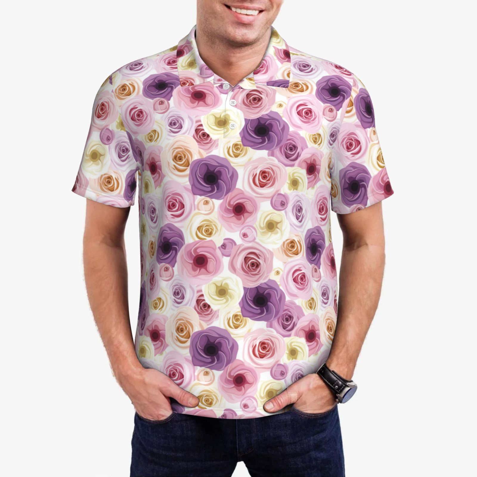 Polo Shirts for Men - pink purple flowers Mens Polo Shirts Short Sleeve ...