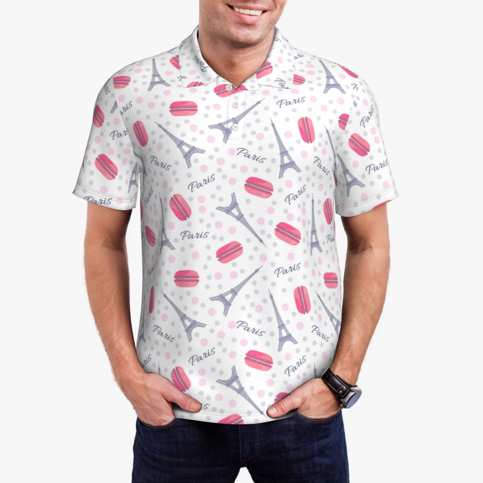 Polo Shirts for Men - polka dots Eiffel Tower Classic Mens Polo Shirts Casual Short Sleeve ...