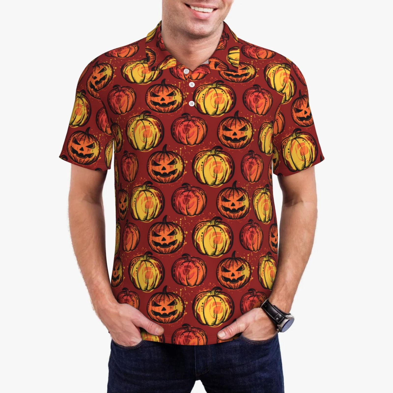 Polo Shirts for Men pumpkin halloween background Casual Mens Short ...