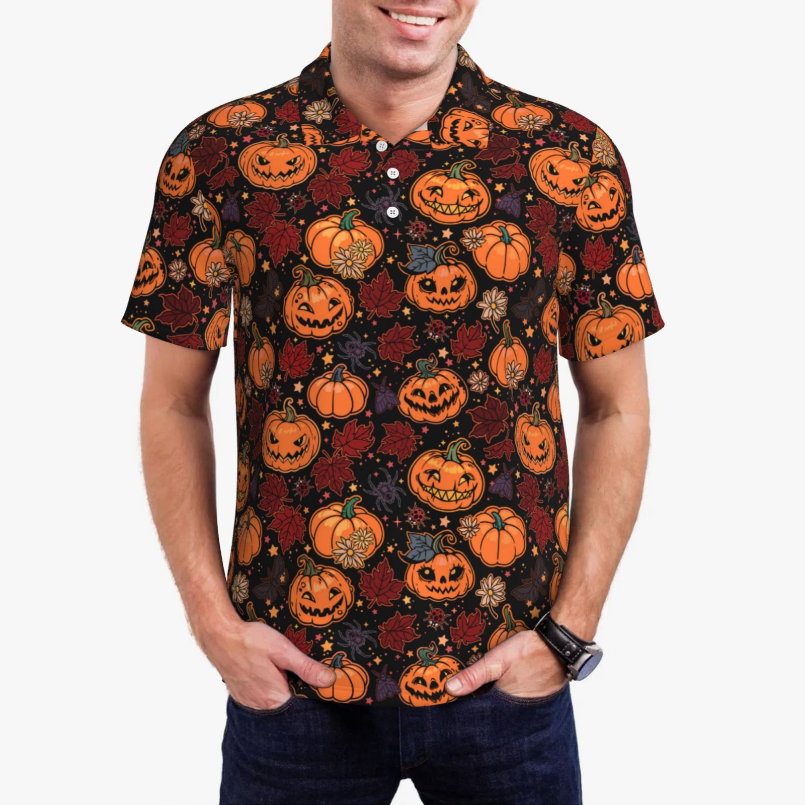 Polo Shirts for Men, pumpkin halloween flower Cuteness Casual Mens Polo ...
