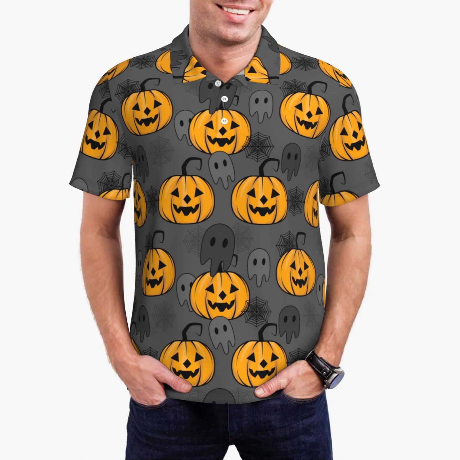 Polo Shirts for Men pumpkin halloween ghosts Casual Mens Short Sleeve ...