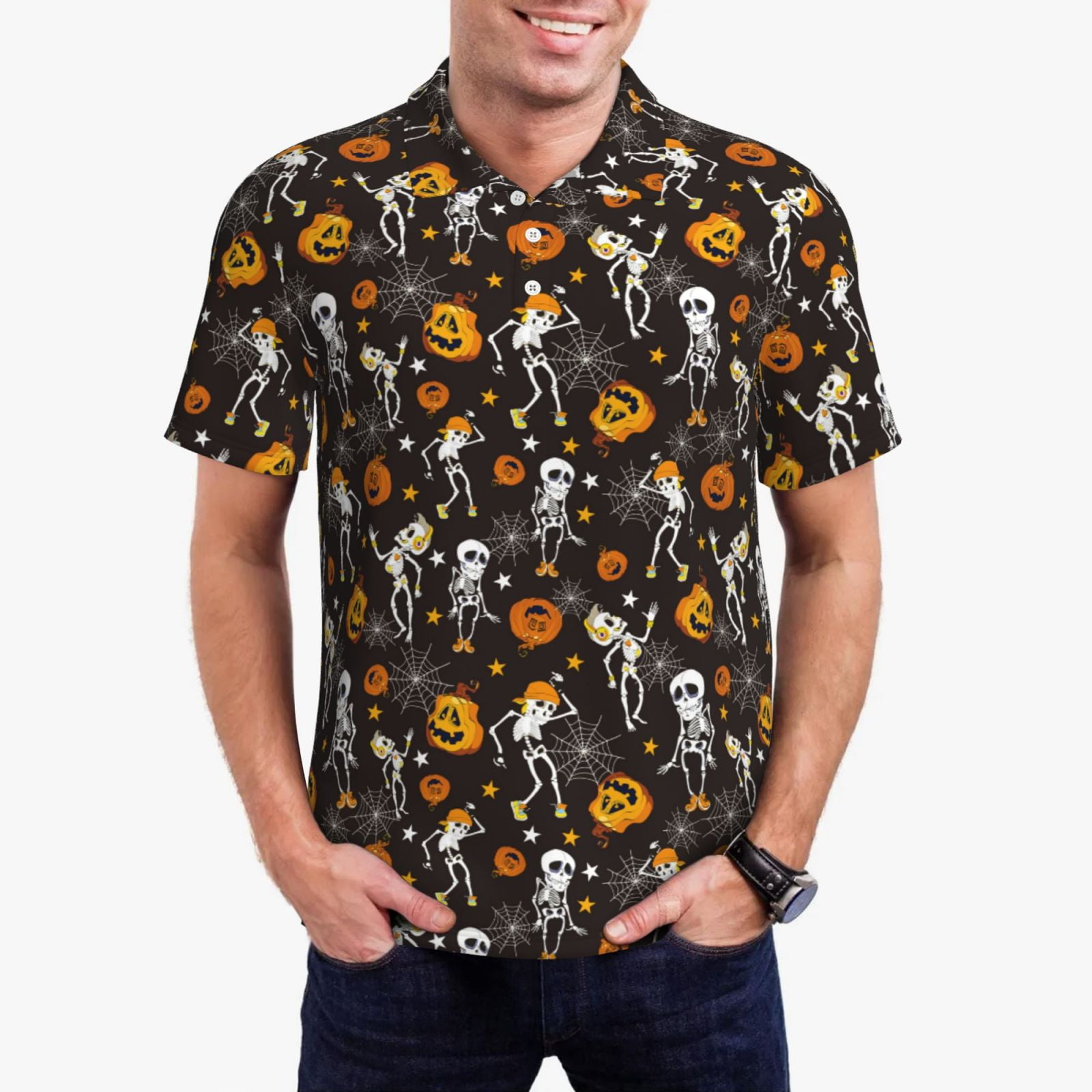 Polo Shirts for Men - pumpkins skull halloween Mens Polo Shirts Short ...