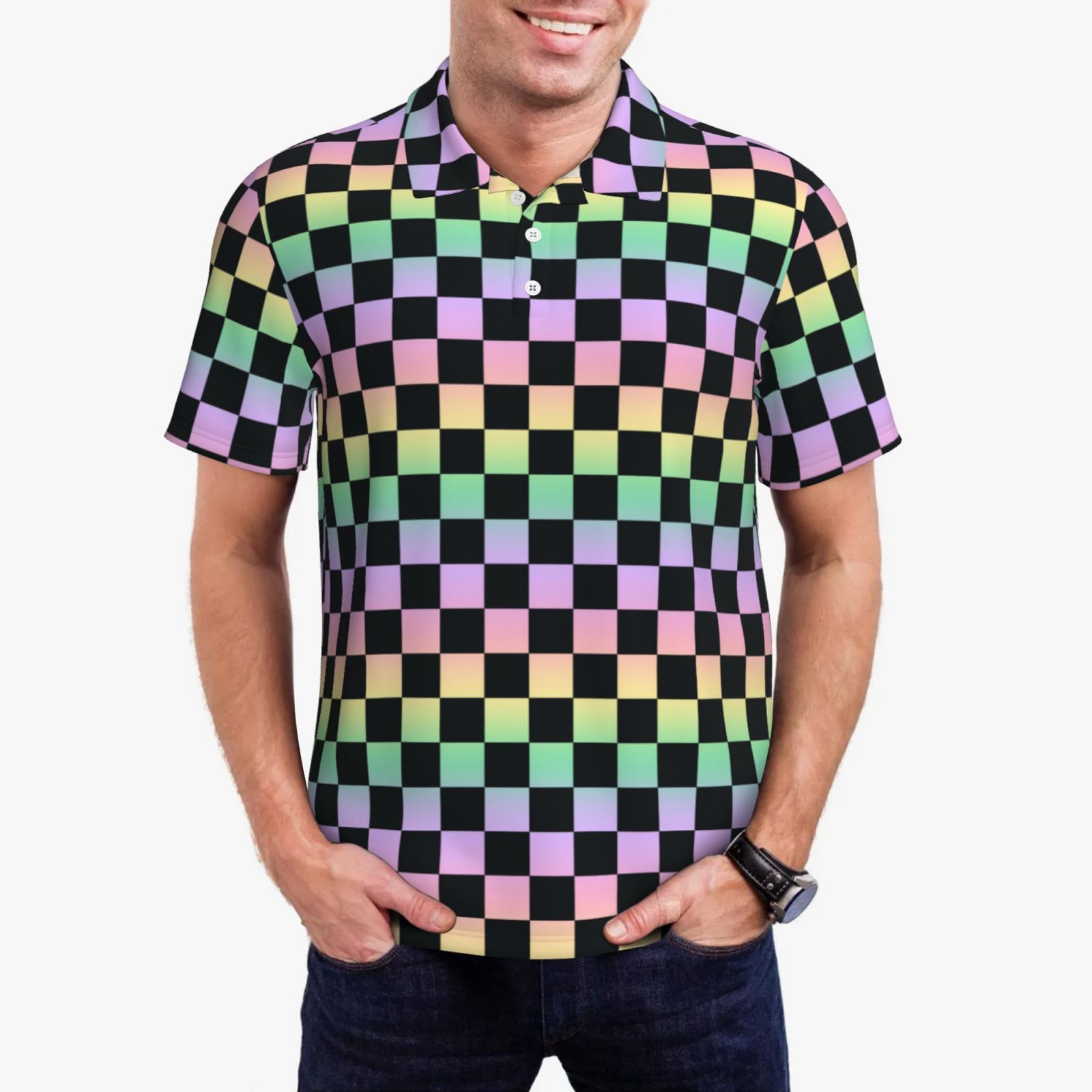 Polo Shirts for Men rainbow gradient colorful checkered Casual Mens ...