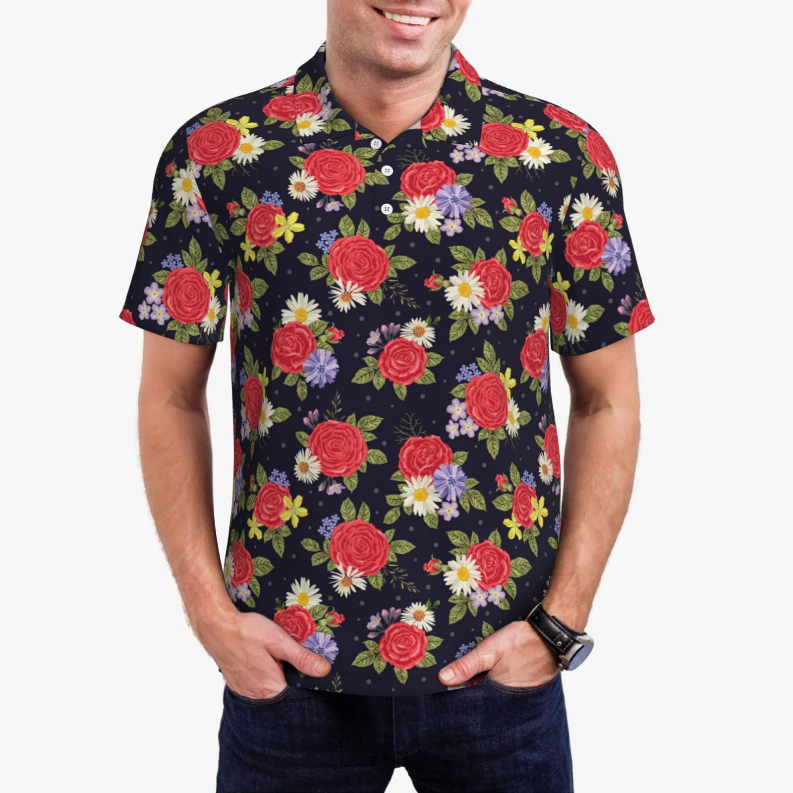 Polo Shirts for Men red rose flower Casual Mens Short Sleeve Polo ...