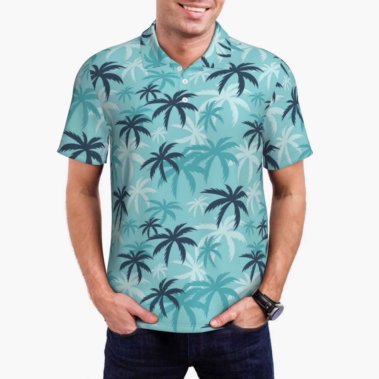 Polo Shirts for Men - retro Palm Tree blue Classic Mens Polo Shirts ...