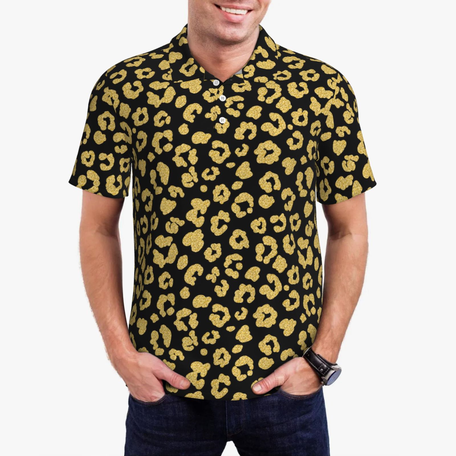 Polo Shirts for Men shiny Golden leopard black Casual Mens Short Sleeve ...