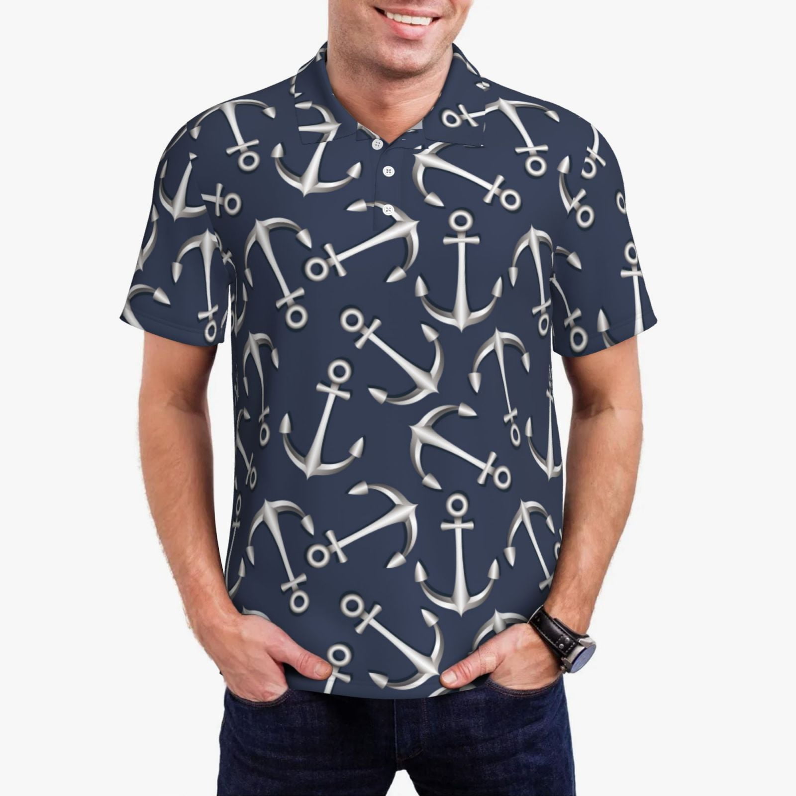 Polo Shirts for Men - silver anchor navyblue Mens Polo Shirts Short ...